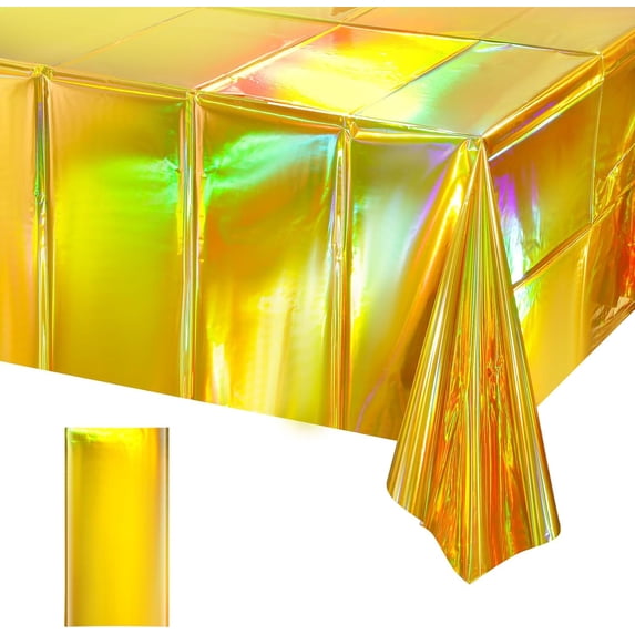 1 Pack Iridescent Gold Disposable Plastic Tablecloth, Shiny Holographic ...