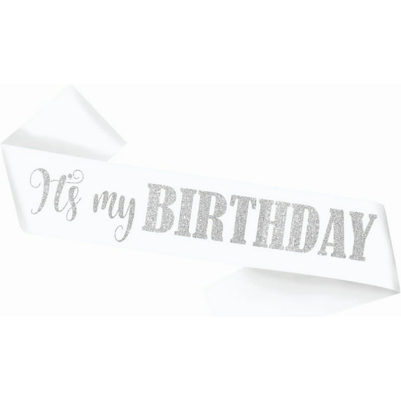 1 Pack It's My Birthday Sash, White Satin with Silver Glitter Lettering ...
