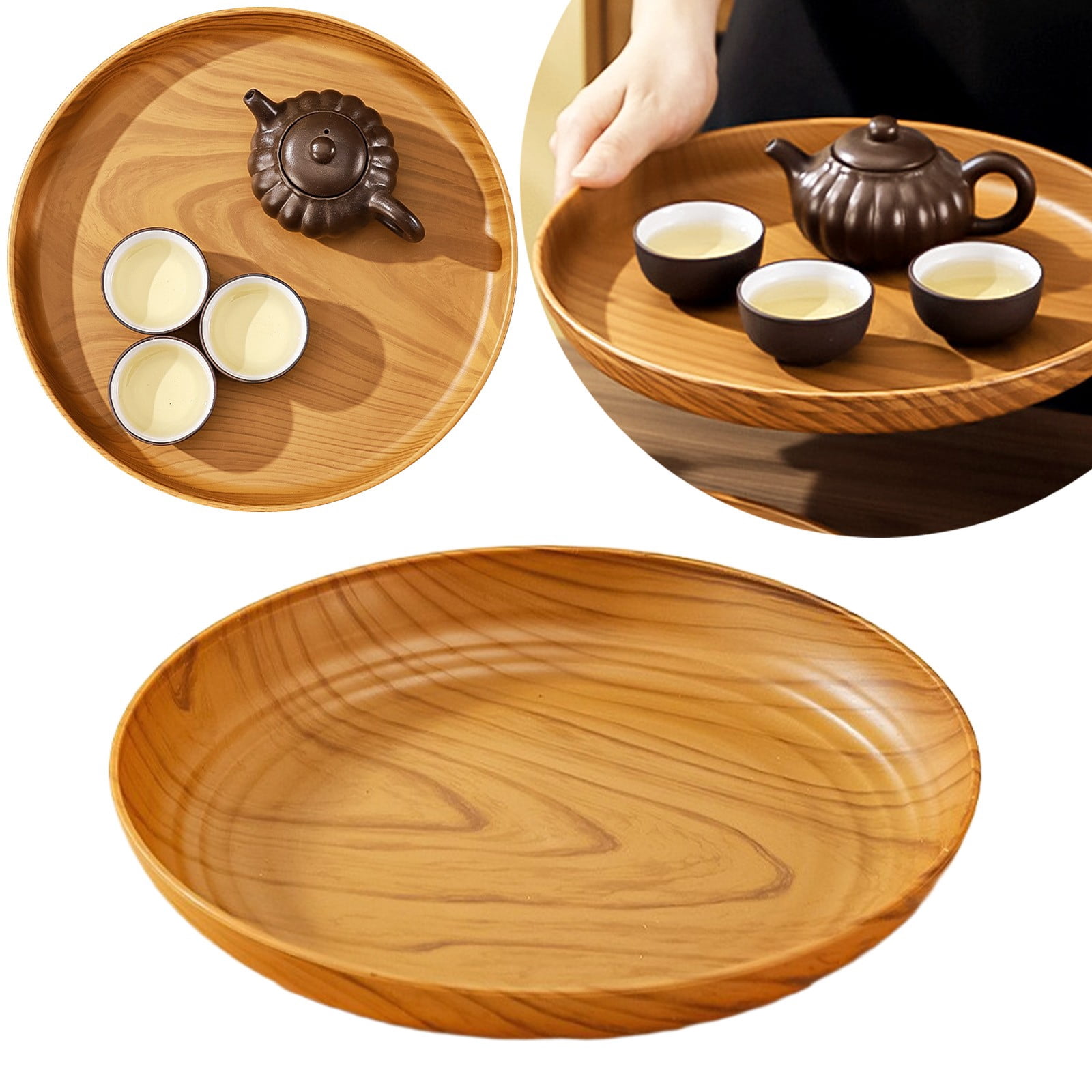 1 Pack Japanese Style Serving Tray, Round Plastic Tray with Faux Wood ...