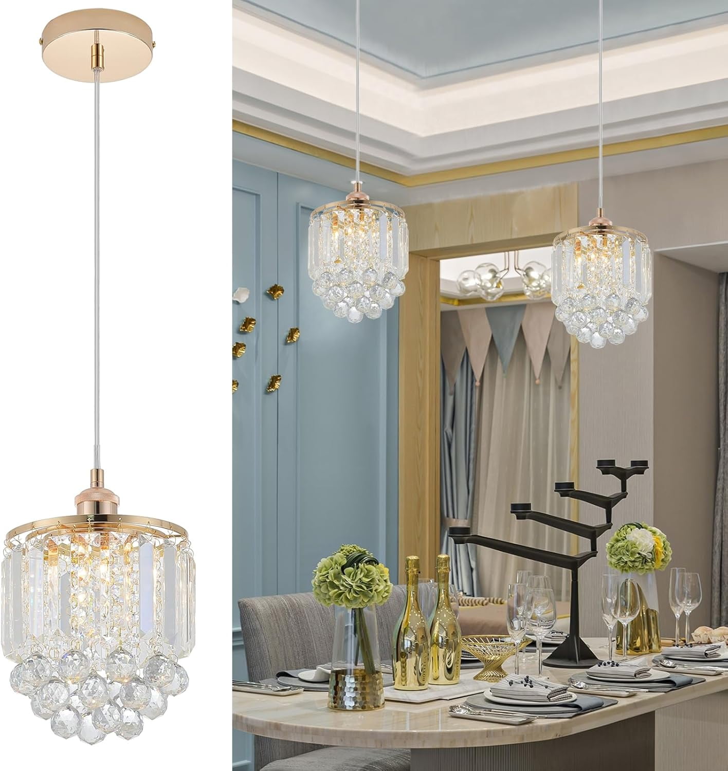 1 Pack Kitchen Island Crystal Pendant Light,Gold Crystal Chandelier ...