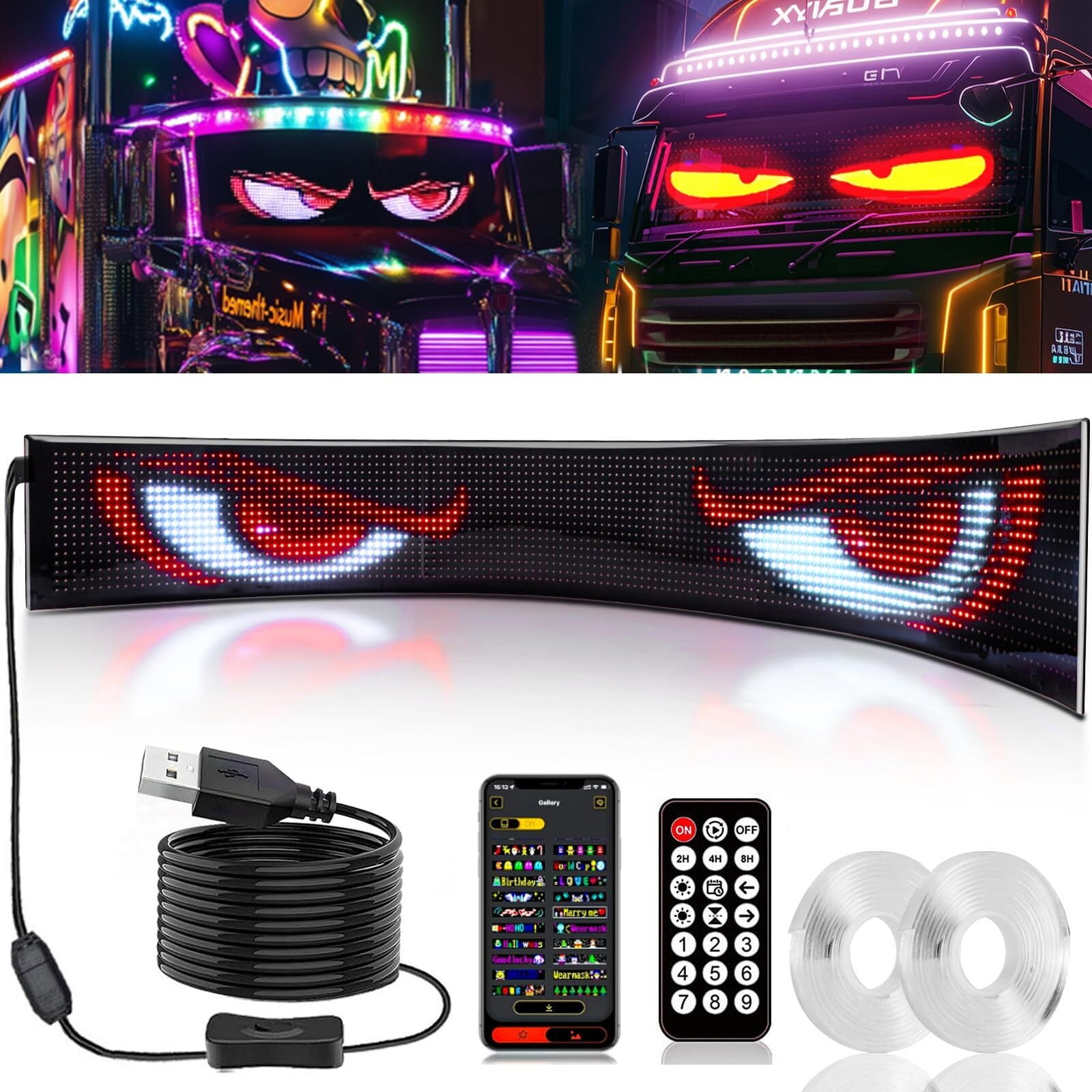 1 Pack Large Devil Eyes Light for Cars, 23x5 Programmable Flexible LED Digital Display Smart APP ...