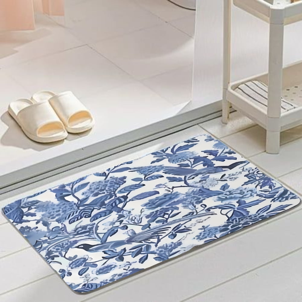 1 Pack Non-Slip Diatomite Bath Mat, bathroom rugs Blue And White Floral ...