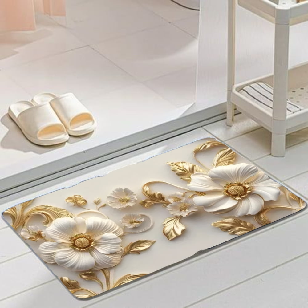 1 Pack Non-Slip Diatomite Bath Mat, bathroom rugs Floral Gold White ...