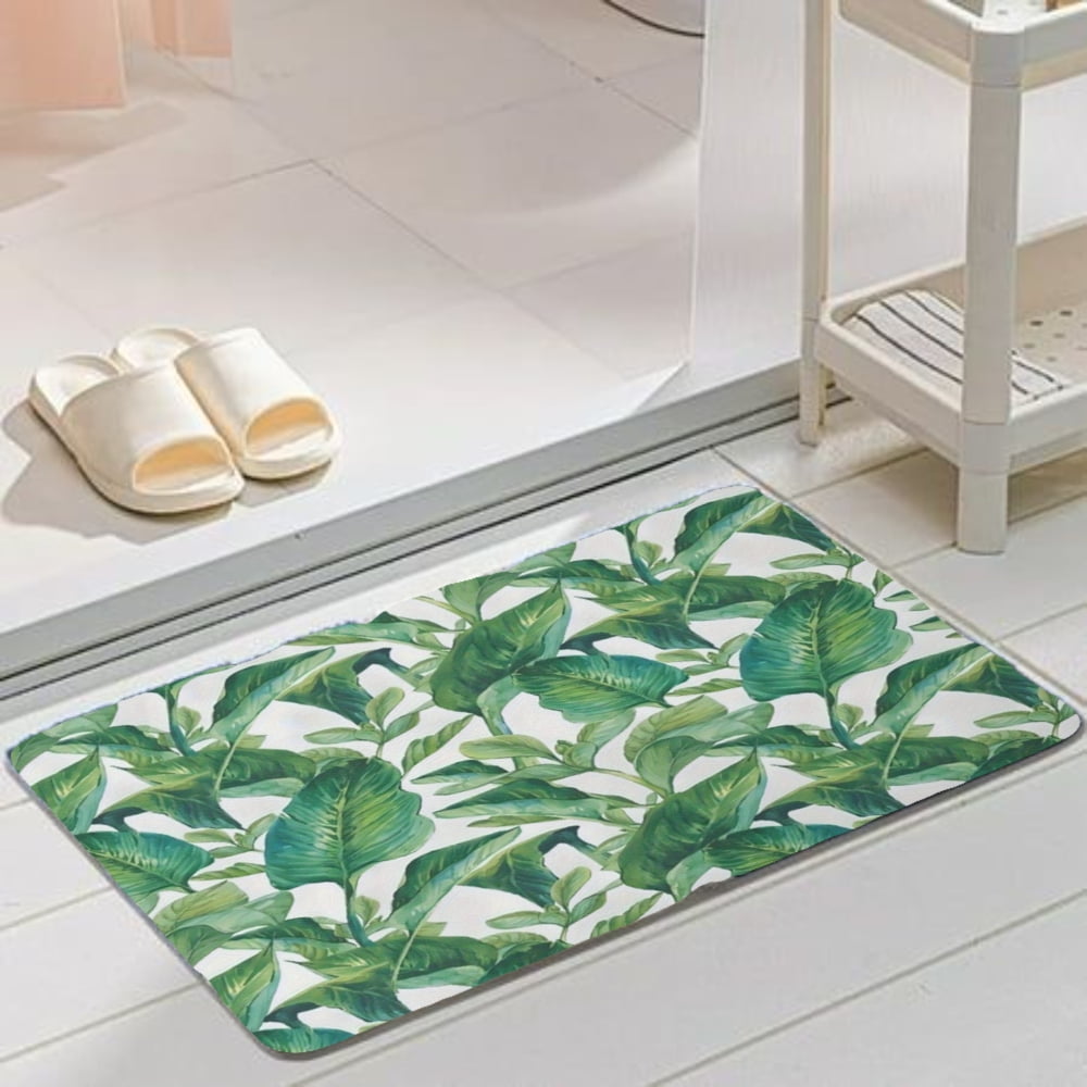 1 Pack Non-Slip Diatomite Bath Mat, bathroom rugs Green Leaves On White ...