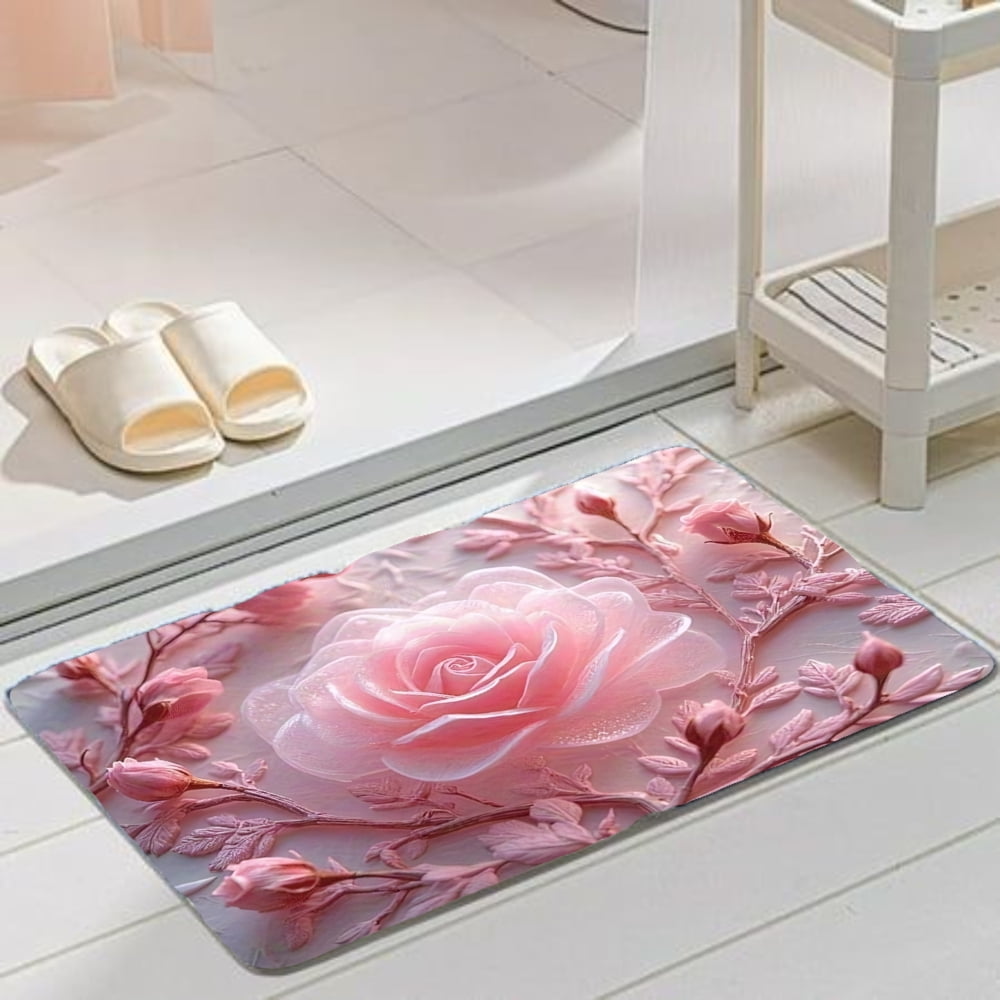 1 Pack Non-Slip Diatomite Bath Mat, bathroom rugs Pink Rose Floral ...