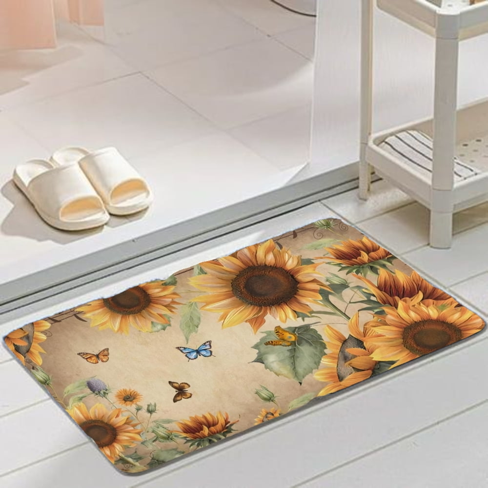 1 Pack Non-Slip Diatomite Bath Mat, bathroom rugs Sunflower Butterflies Leaves And Bees Pattern ...