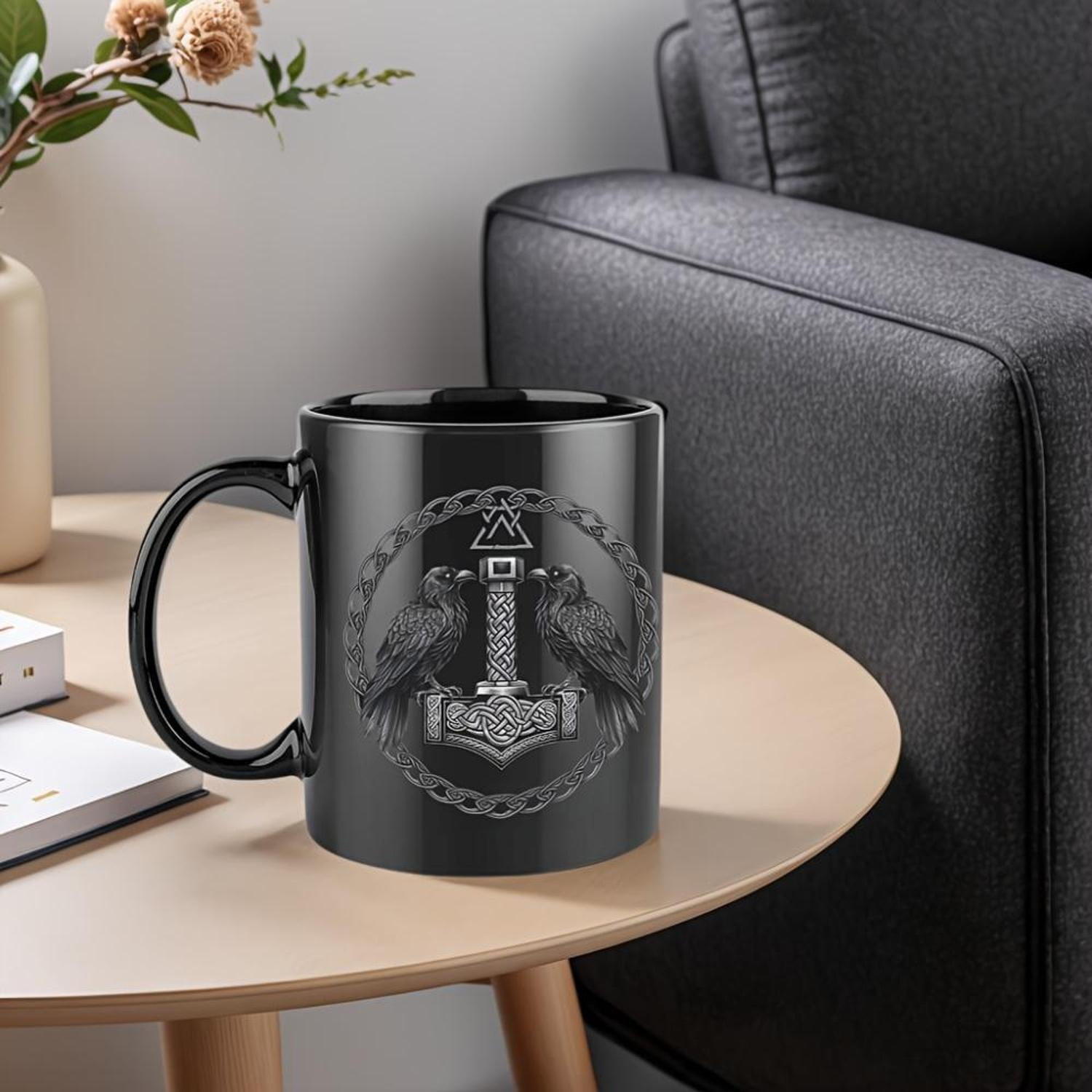 1 Pack Norse Mythology Mug with Mjolnir Hammer Ravens Norse 11oz Black ...