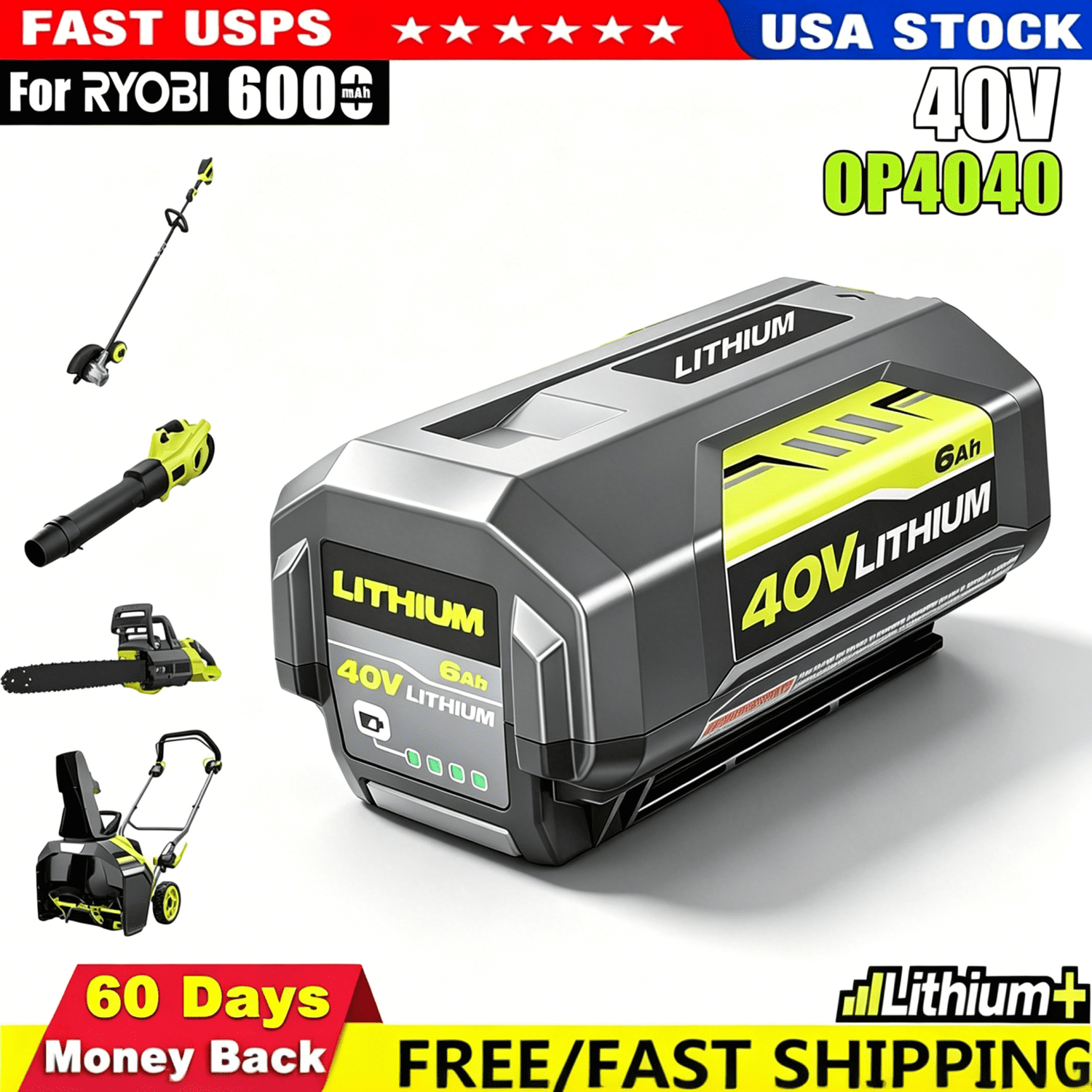 1 Pack OP40601 6.0Ah Battery Replacement for Ryobi 40V Max Battery ...