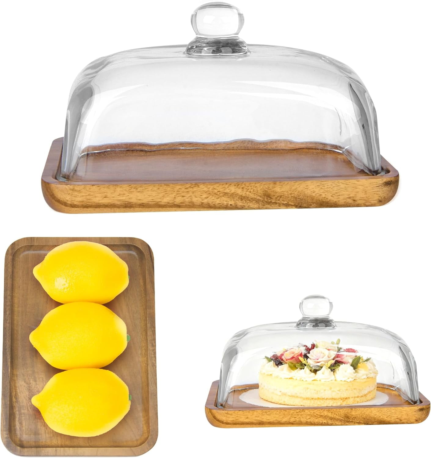 1 Pack Rectangular Wooden Cake Stand with Glass Dome,Small Cake Plate ...