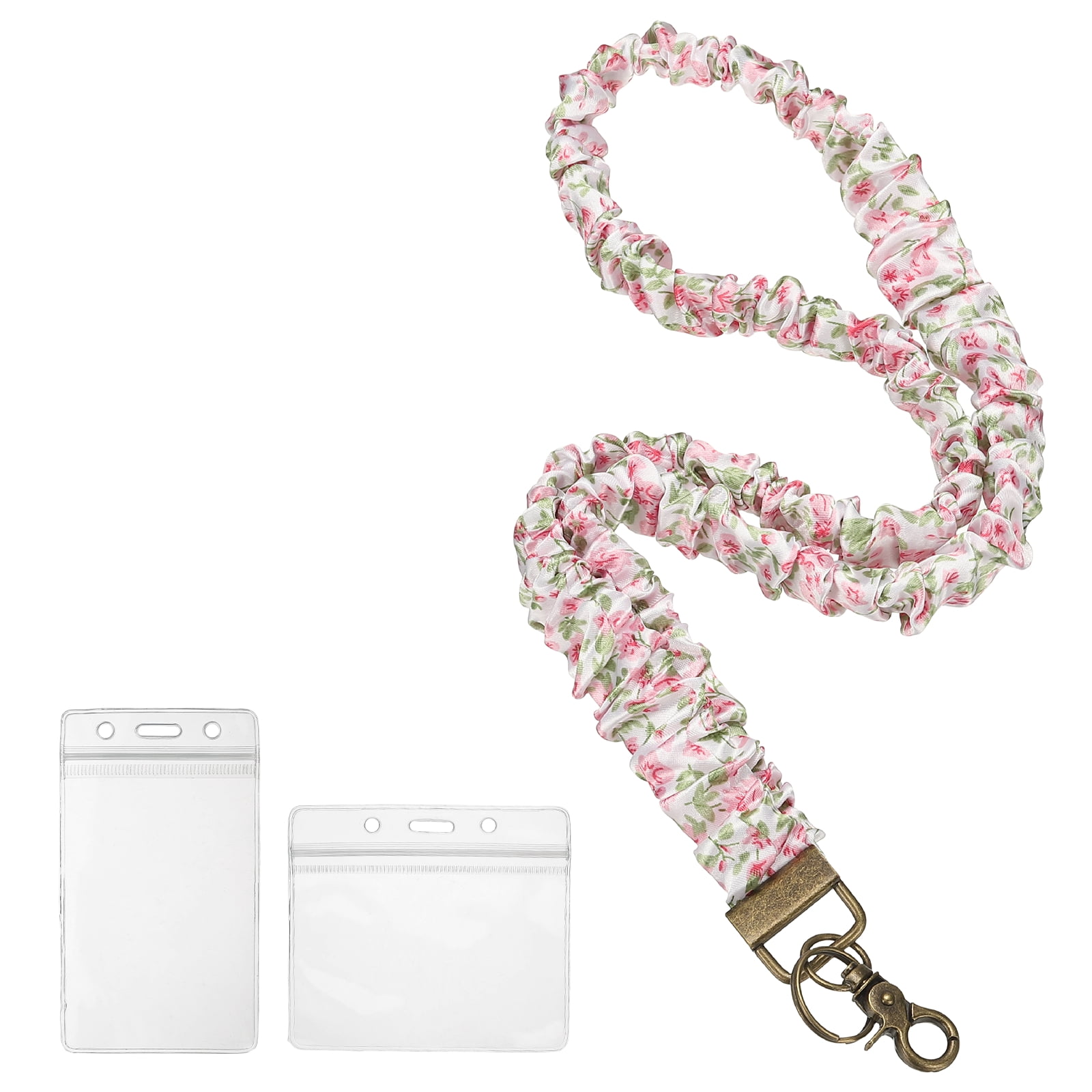 1 Pack Scrunchie Teacher Lanyards with 2 Card Holder, Pink Flower ...
