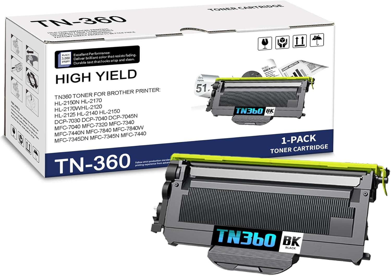 1-Pack TN360 High Yield Black Toner Cartridge, Replacement for Brother TN-360 for DCP-7030 7040 ...