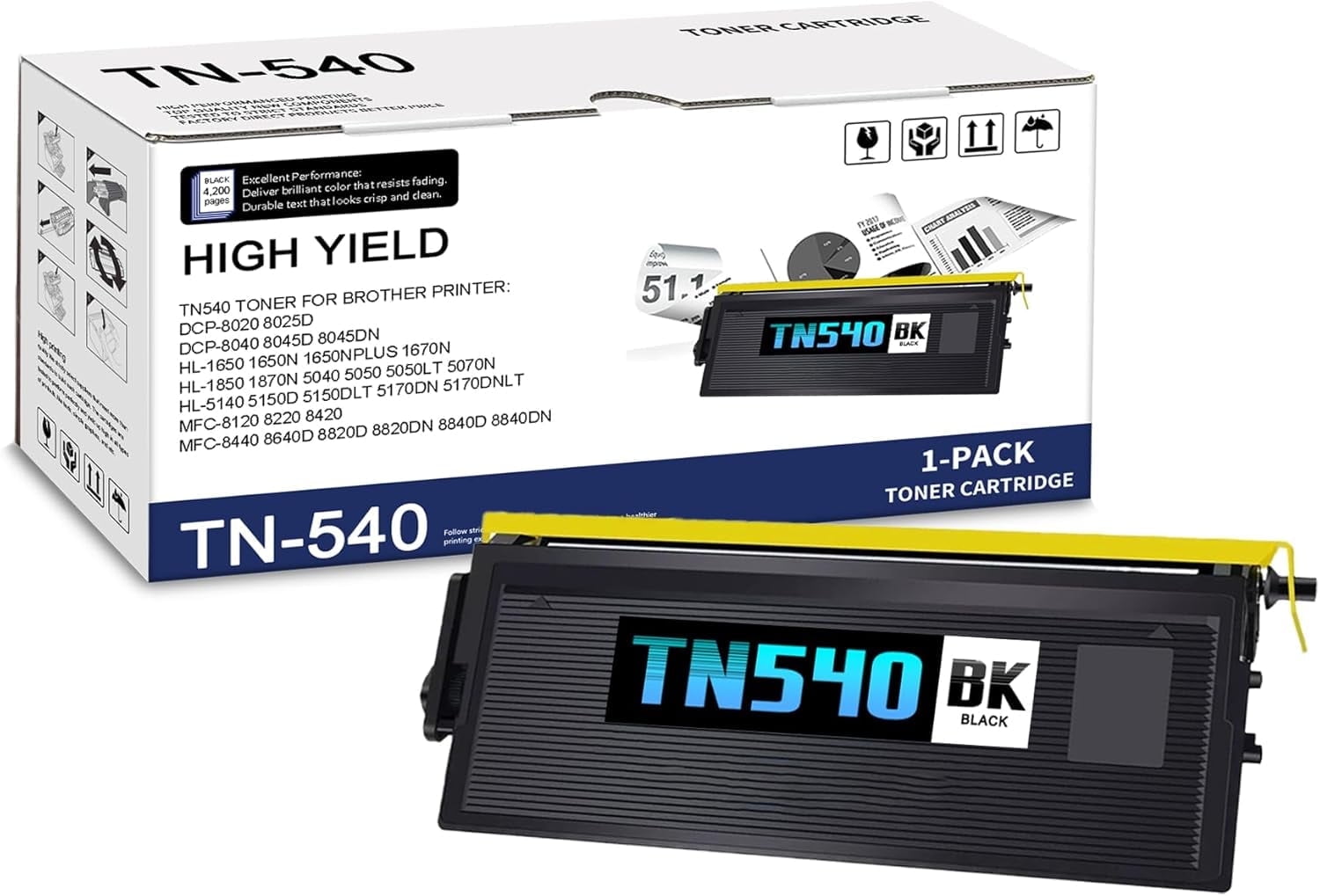 1-Pack TN540 High Yield Black Toner Cartridge, Replacement for Brother ...