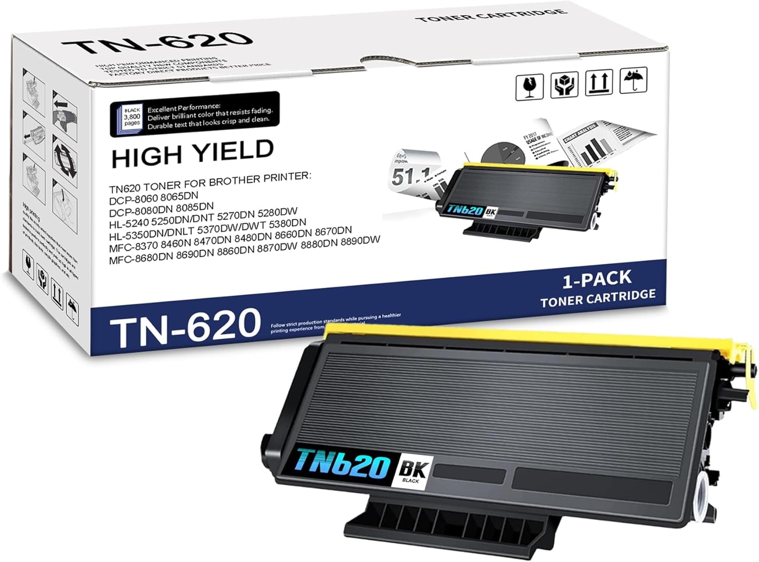 1-Pack TN620 High Yield Black Toner Cartridge, Replacement for Brother ...