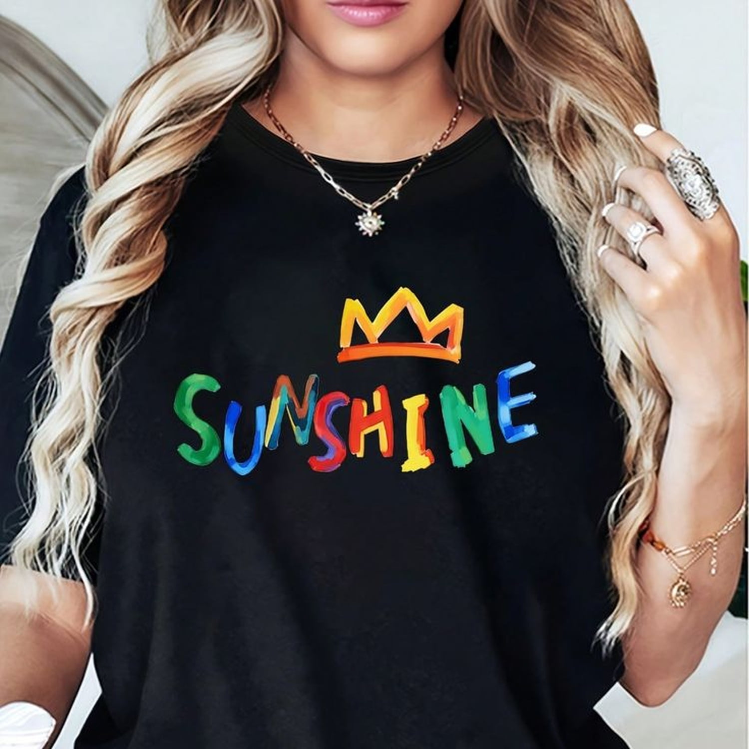 1-Pack WoM1en's Black Graphic T-S1Hirt - Colorful SunS1Hine Text ...