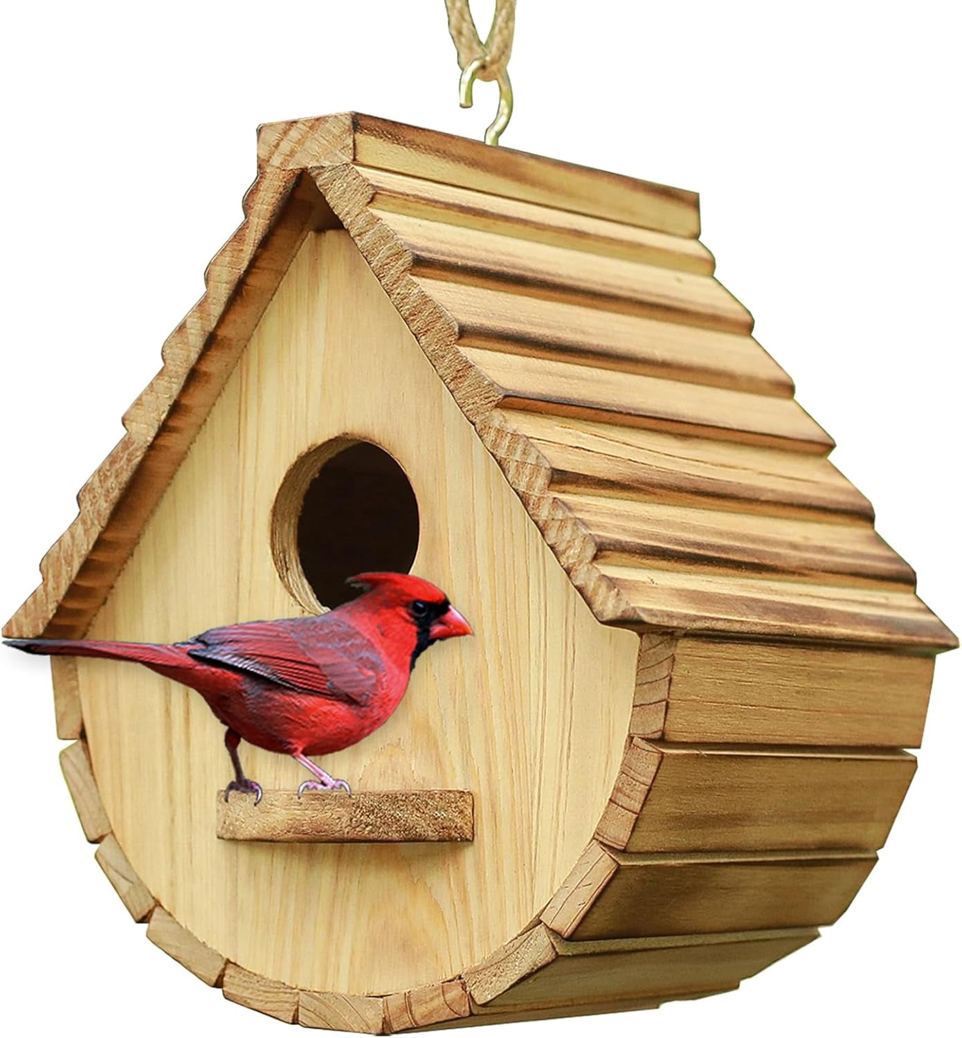 1 Pack Wooden Hanging Birdhouse for Outside, Drop Shape Wood Bird House ...
