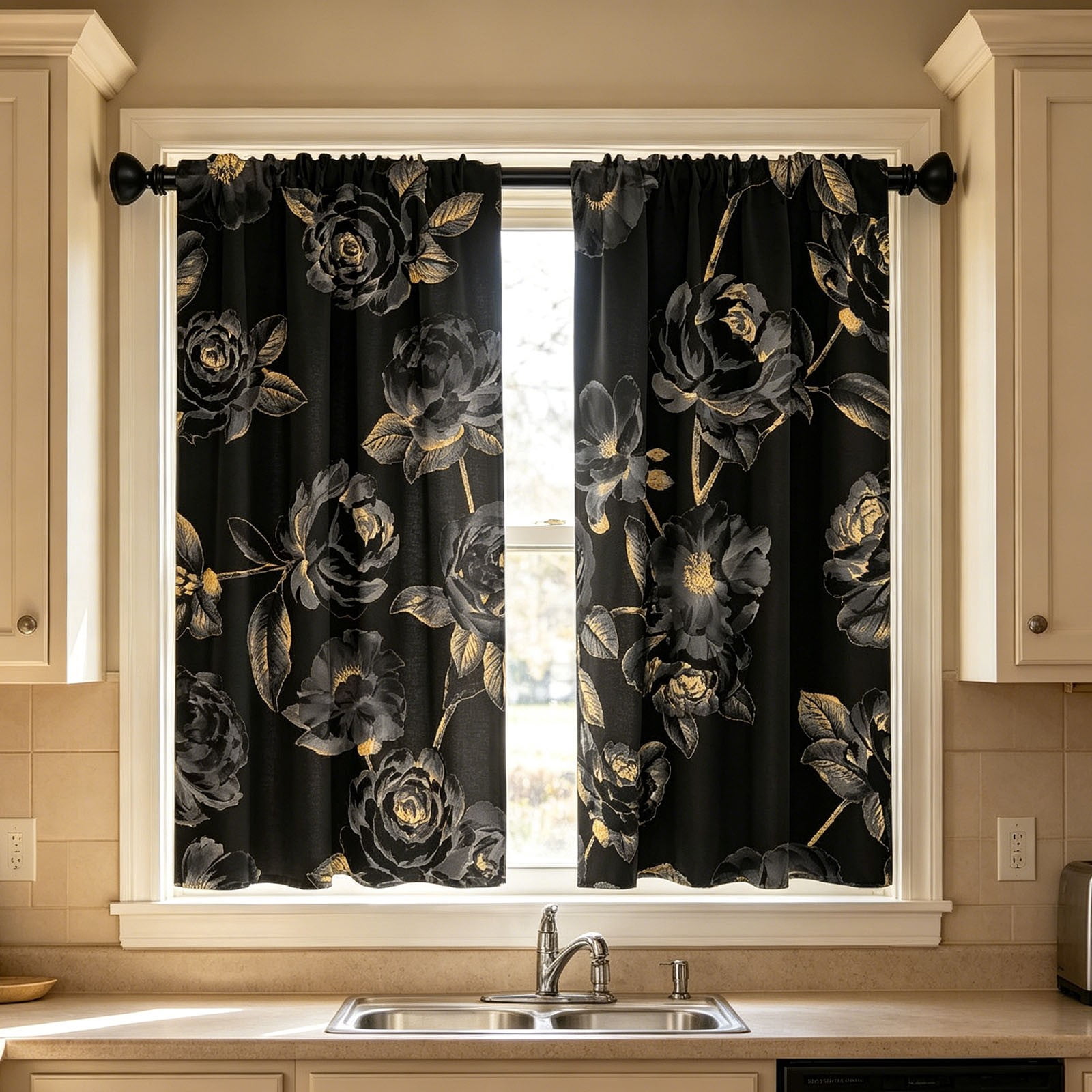 1 Pair 2D Printed Short Kitchen Curtains, Washable Easy Install Half ...