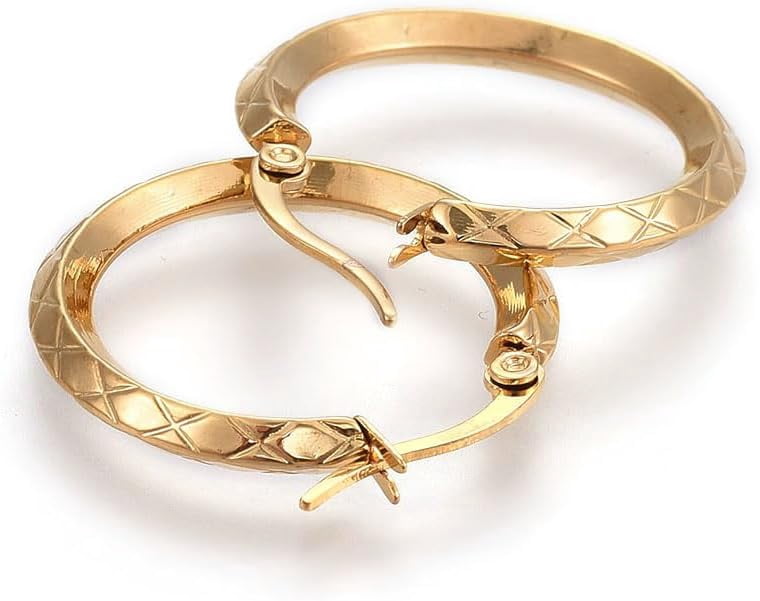 1 Pair 304 Stainless Steel Hoop Earrings Textured Metal Earrings Golden ...