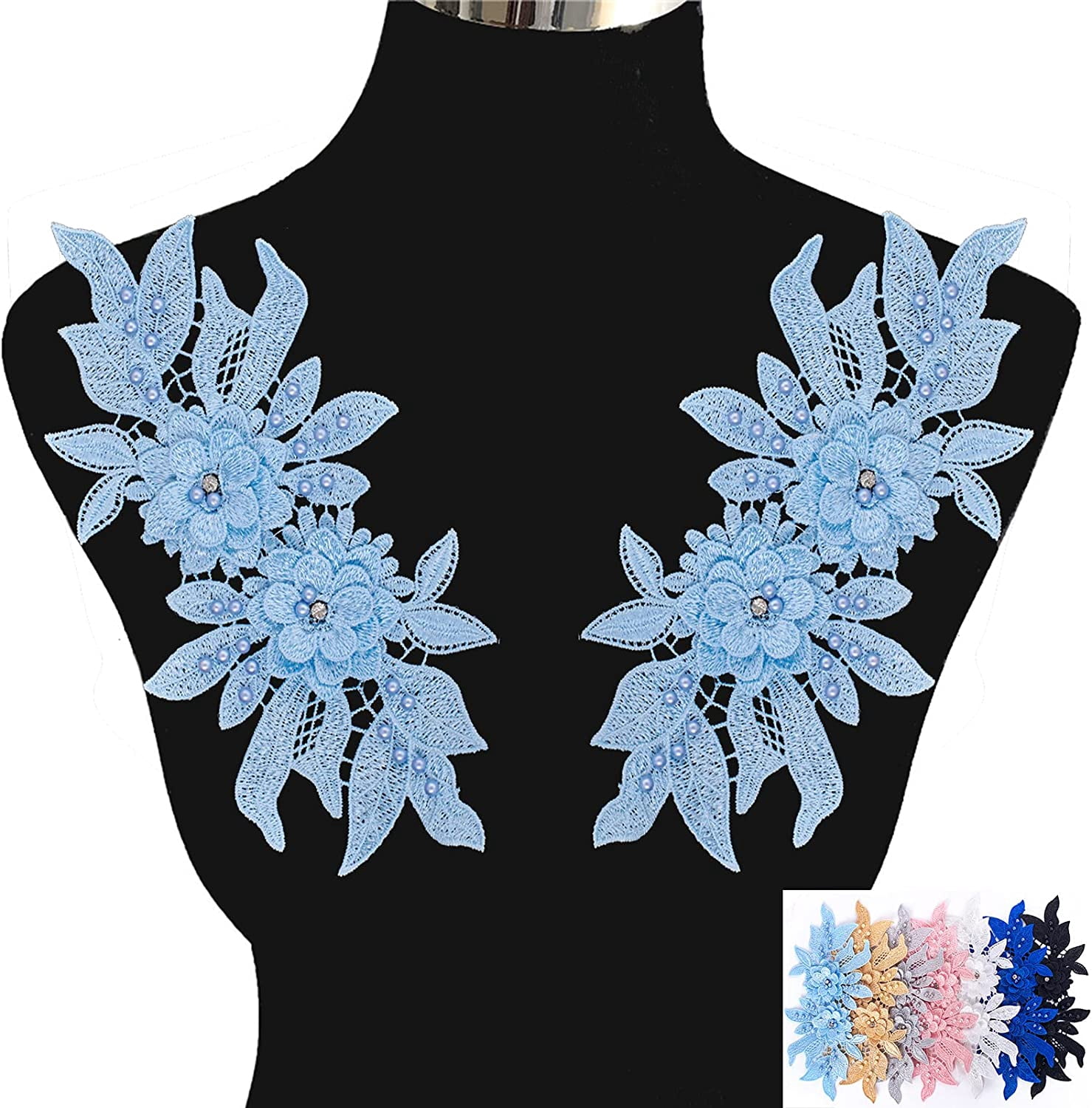 1 Pair 3D Lace Applique, Sew on Flower Bead Patches Embroidery Floral ...