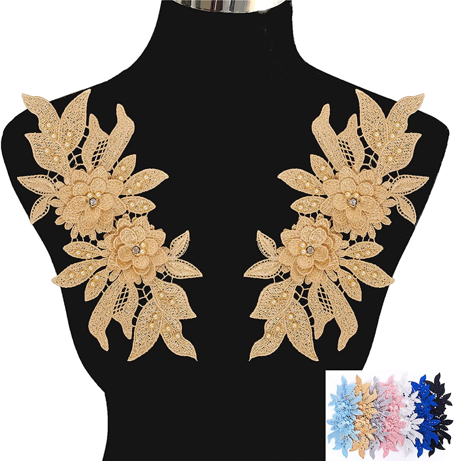 1 Pair 3D Lace Applique, Sew on Flower Bead Patches Embroidery Floral ...