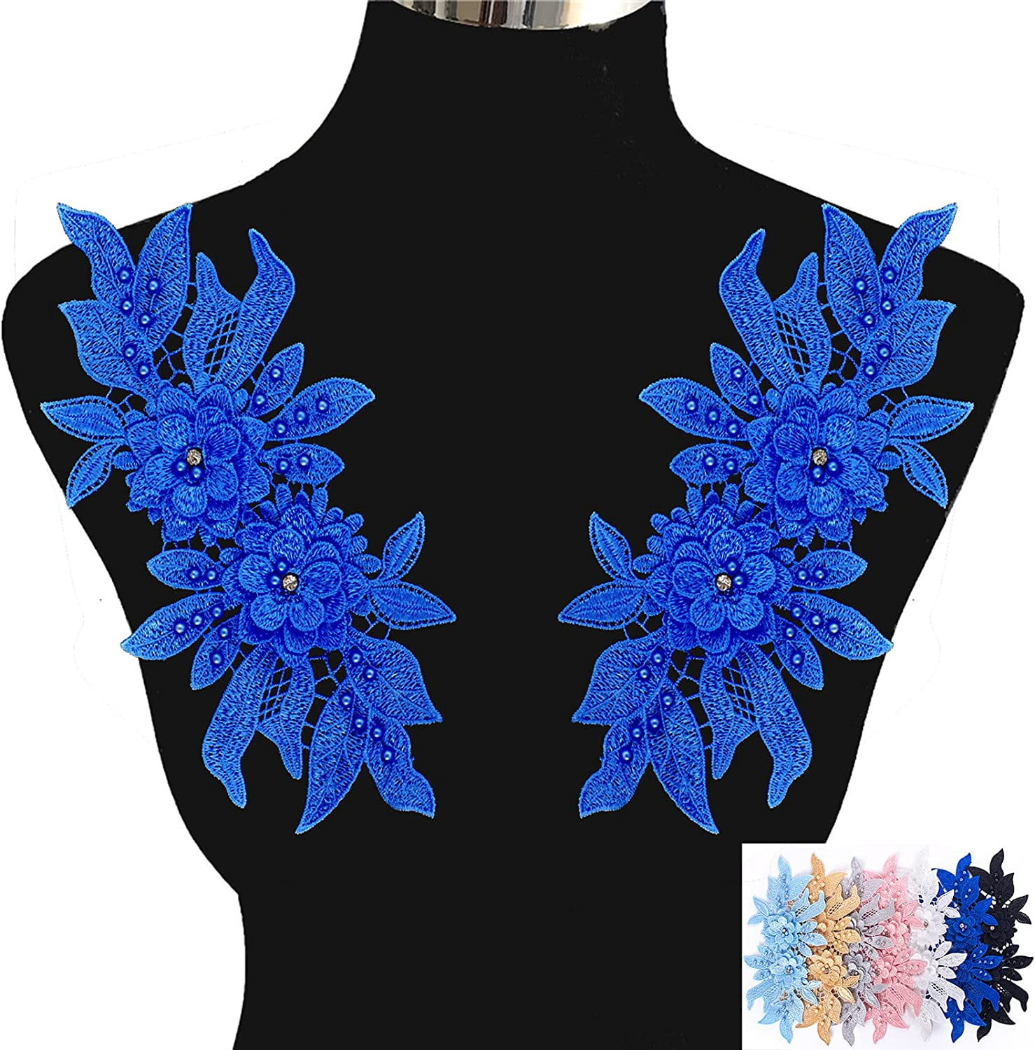 1 Pair 3D Lace Applique, Sew on Flower Bead Patches Embroidery Floral ...