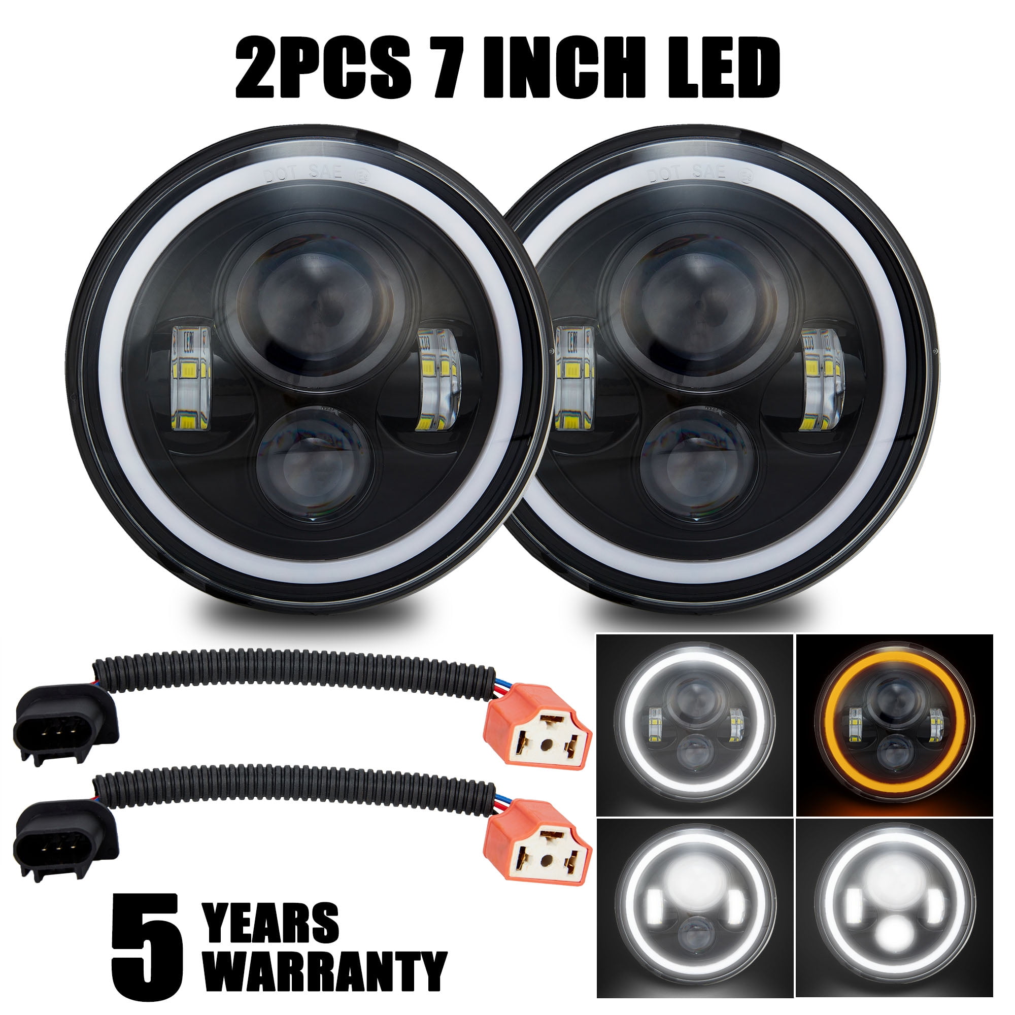 1 Pair 7" Inch Round LED Headlights Halo Angle Eyes For Jeep Car Custom ...
