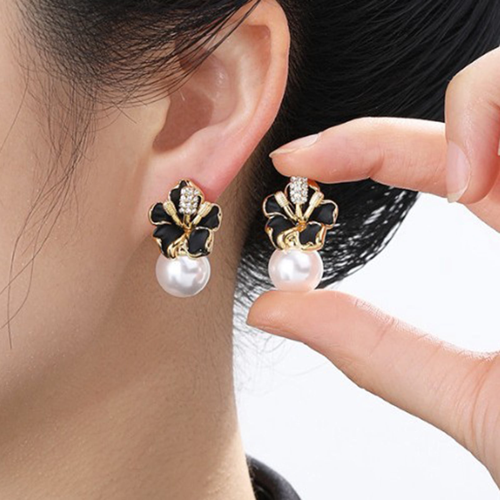 1 Pair Drop Earrings Faux Pearl Shiny Rhinestones Flower Shape Stud ...