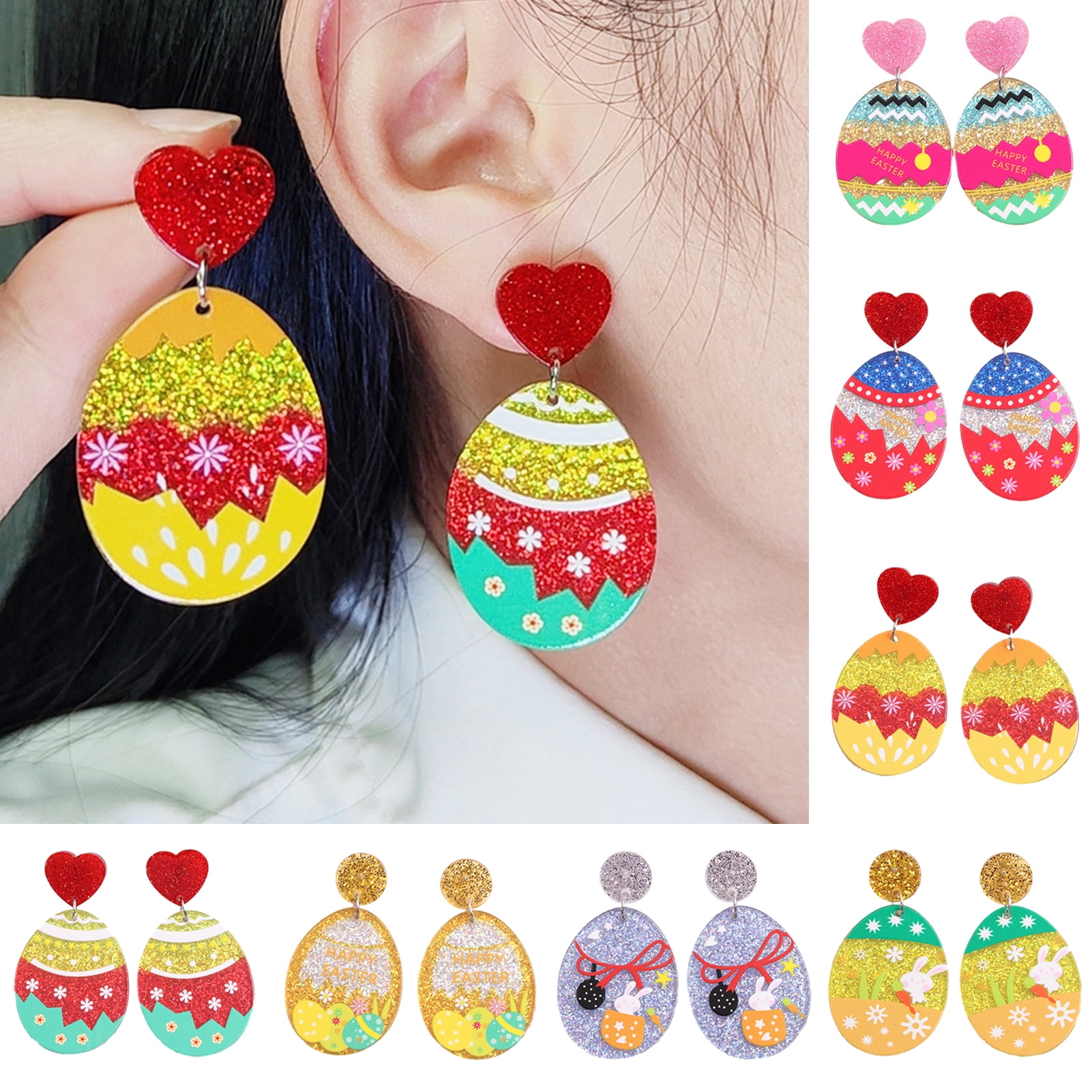 1 Pair Easter Egg Earrings Women Elegant Colorful Bunny Flower Pattern Stud Earrings Shining ...