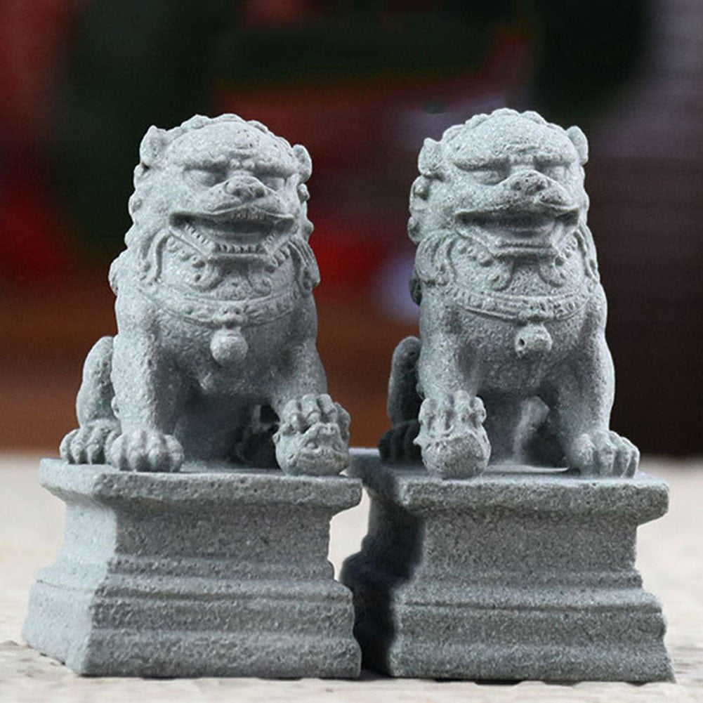 1 Pair Fu Foo Dogs Guardian Lion Statues Sandstone Lions Chinese Feng ...