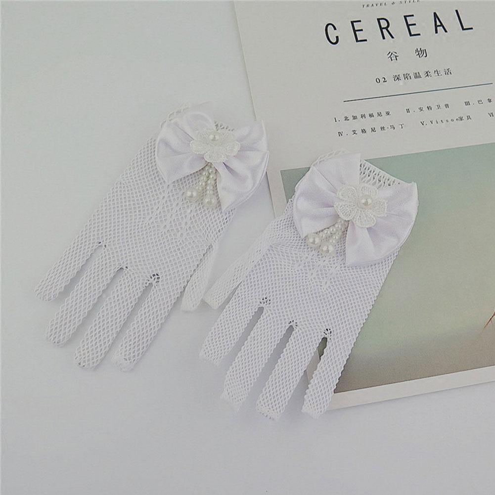 1 Pair Girls Kids White Lace Faux Pearl Fishnet Gloves Communion Flower ...