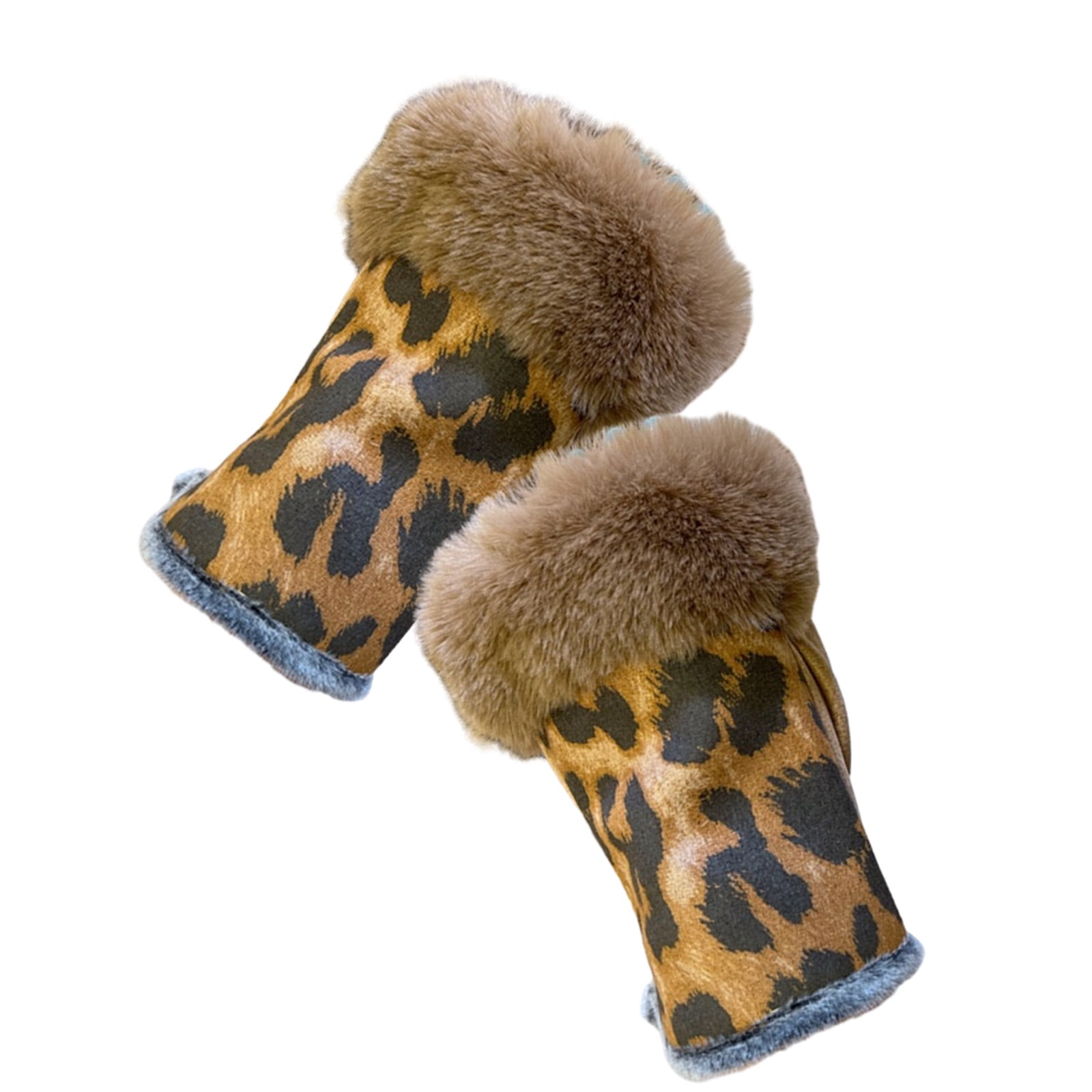 1 Pair Half Finger Gloves Coldproof Warm Mittens Leopard Print Female ...