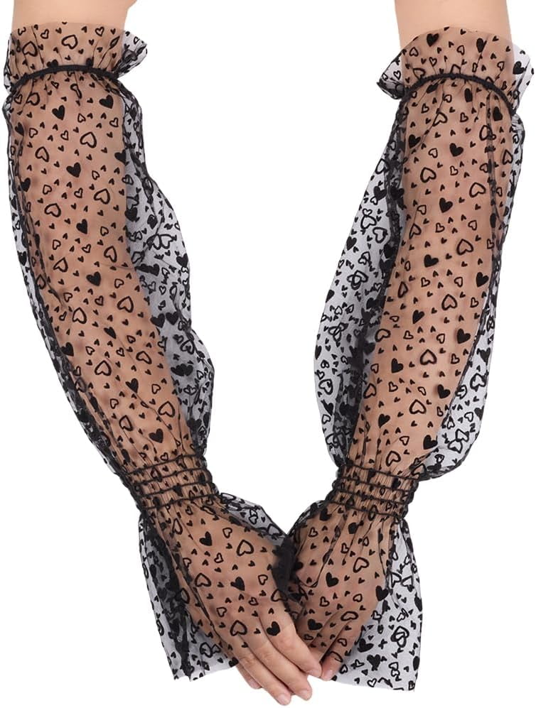 1 Pair Heart Mesh Puff Arm Sleeves Glove Black Sheer Summer Sun ...