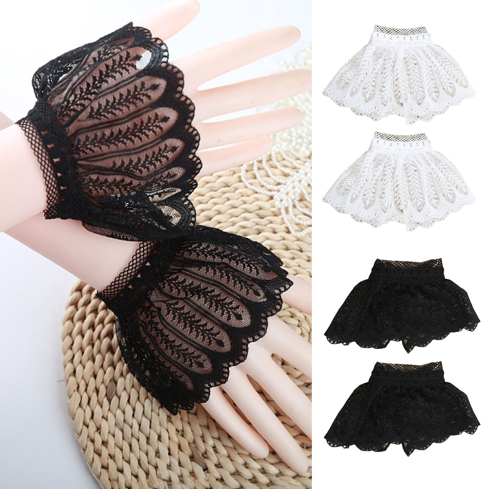 1 Pair Japanese Lolita Hand Wrist Cuffs Lace Trim Faux Pearl Cosplay ...