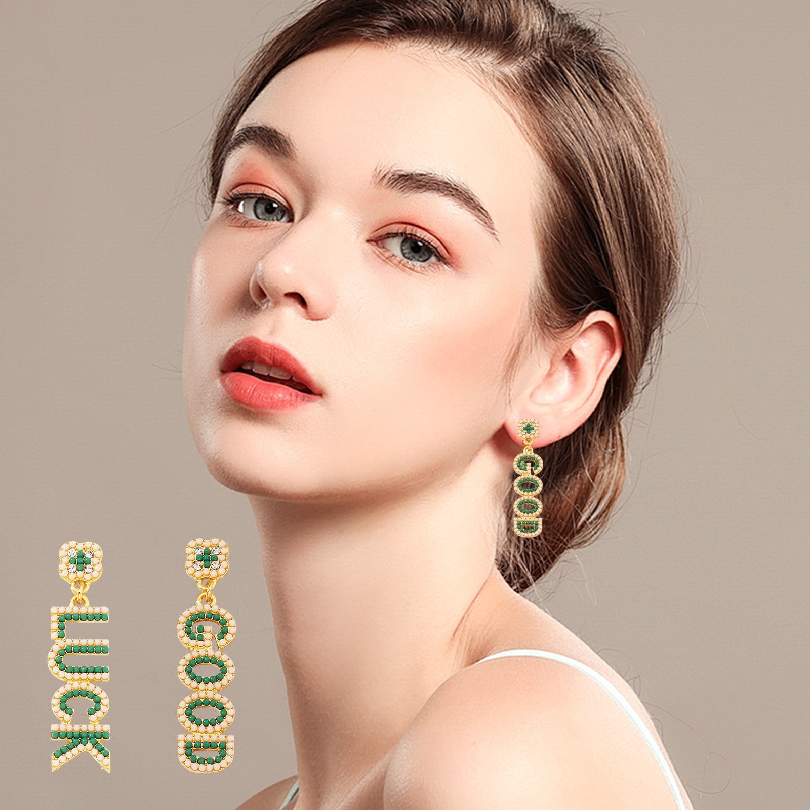 1 Pair Long Pearl GOOD LUCK Letter Earrings Shining Rhinestone Crystal ...