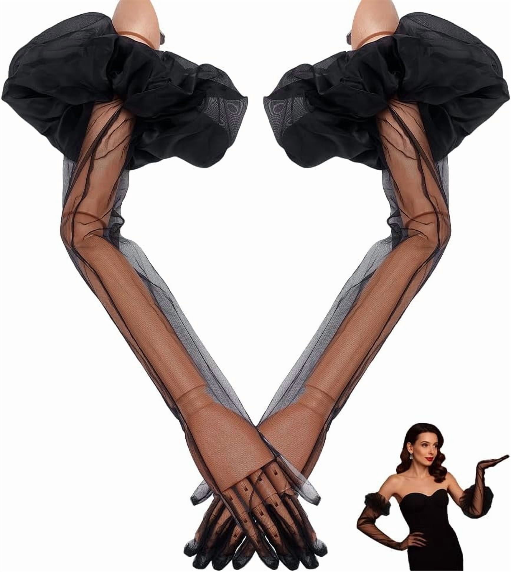 1 Pair Polyester Long Lace Gloves for Bride's Wedding Celebration Black ...