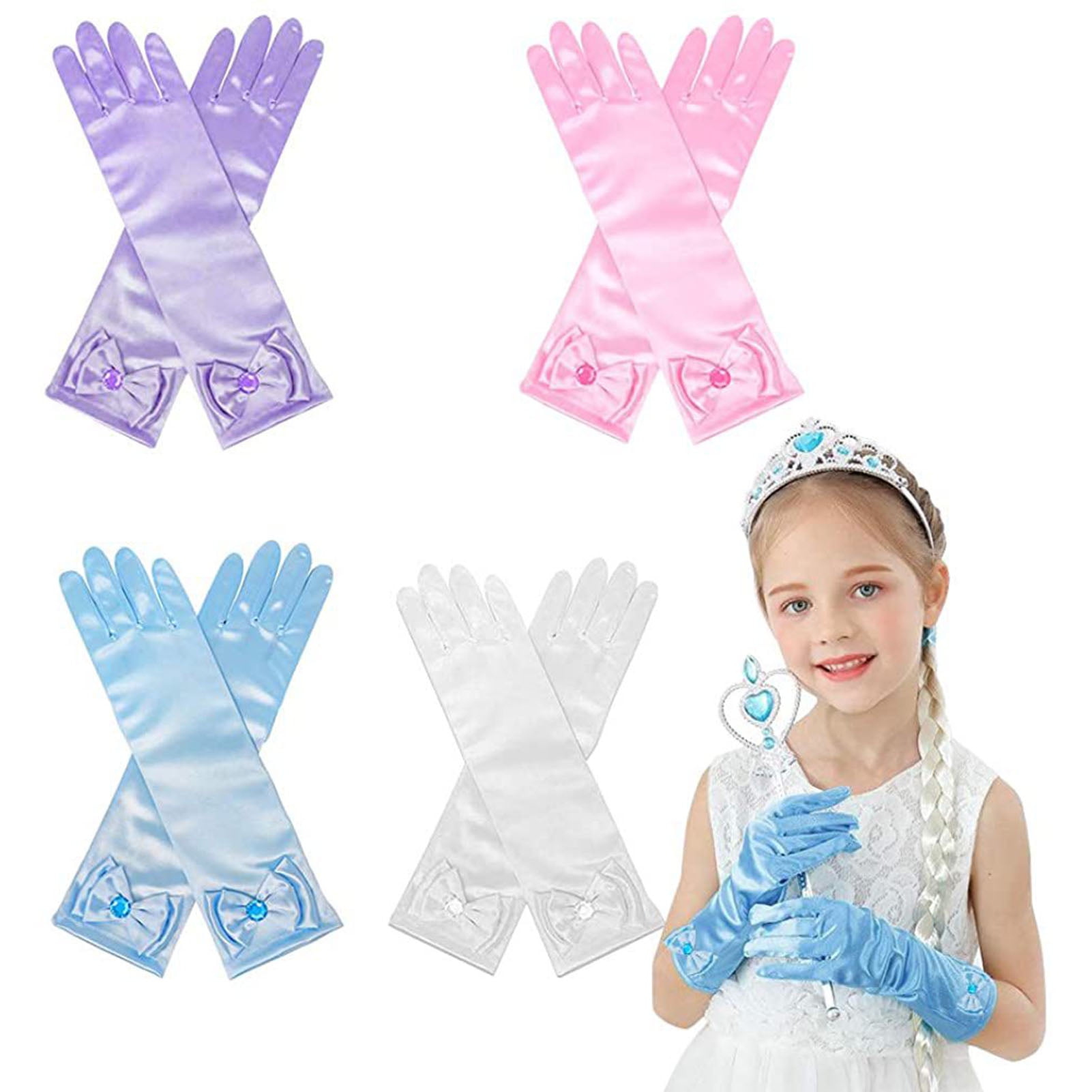 1 Pair Princess Gloves Full Finger Faux Crystal Bowknot Shiny Silky ...