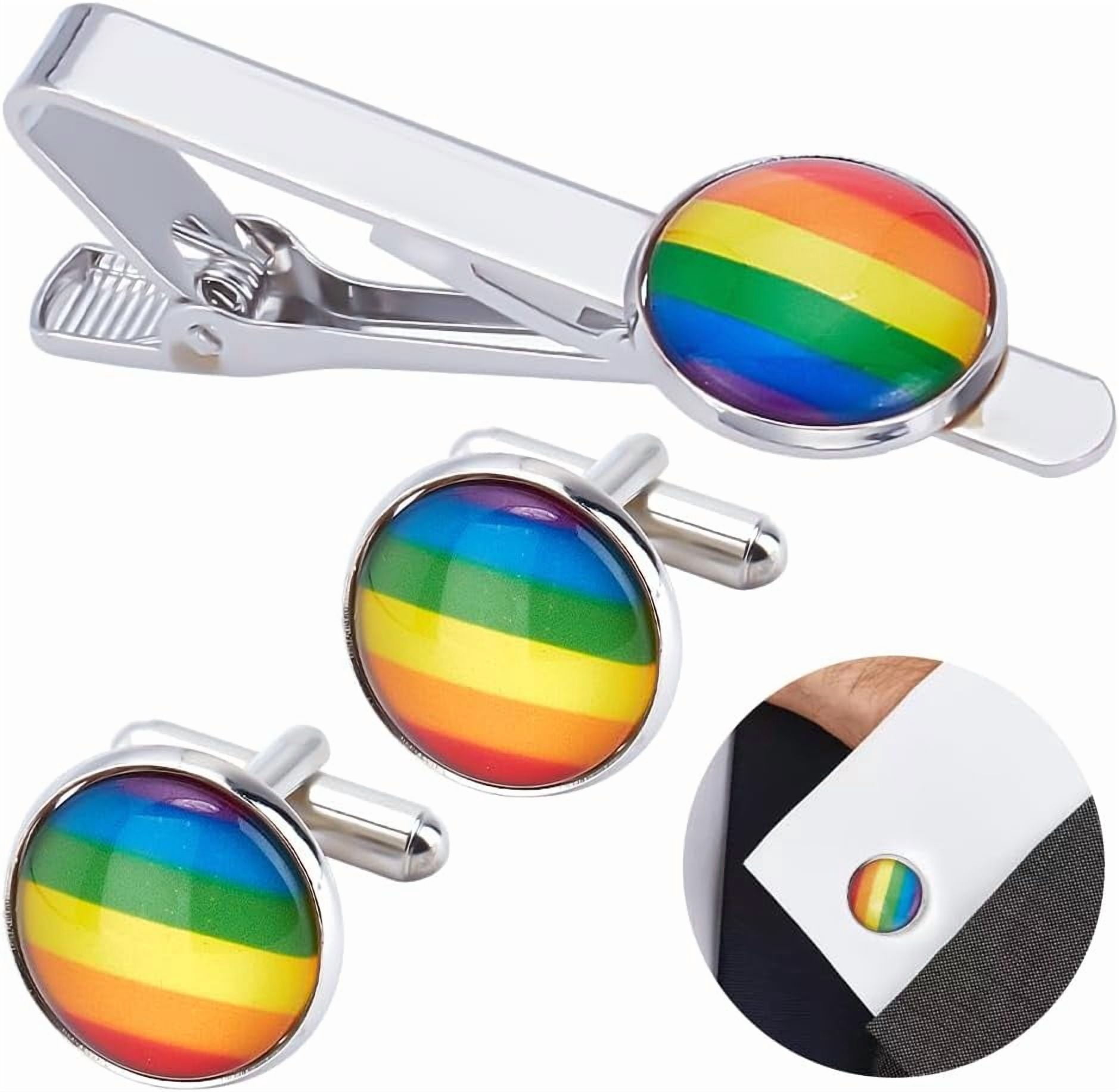 1 Pair Rainbow Cufflinks And 1PC Rainbow Tie Clip Rainbow Round Pair ...