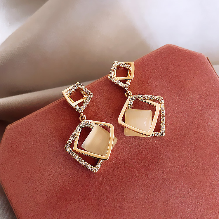 1 Pair S925 Silver Gold Geometric Rhombus Cat Eye Dangle Earrings for ...