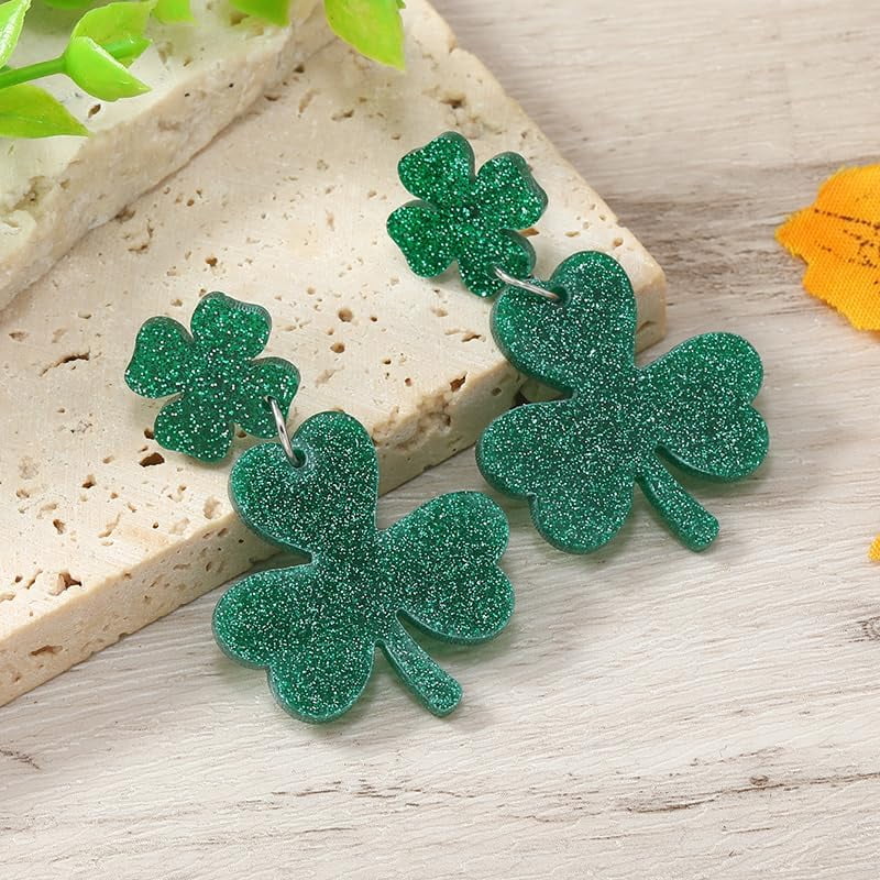 1 Pair Shiny Acrylic Clover Dangle Stud Earrings Green 1.77x1.1 Inch ...