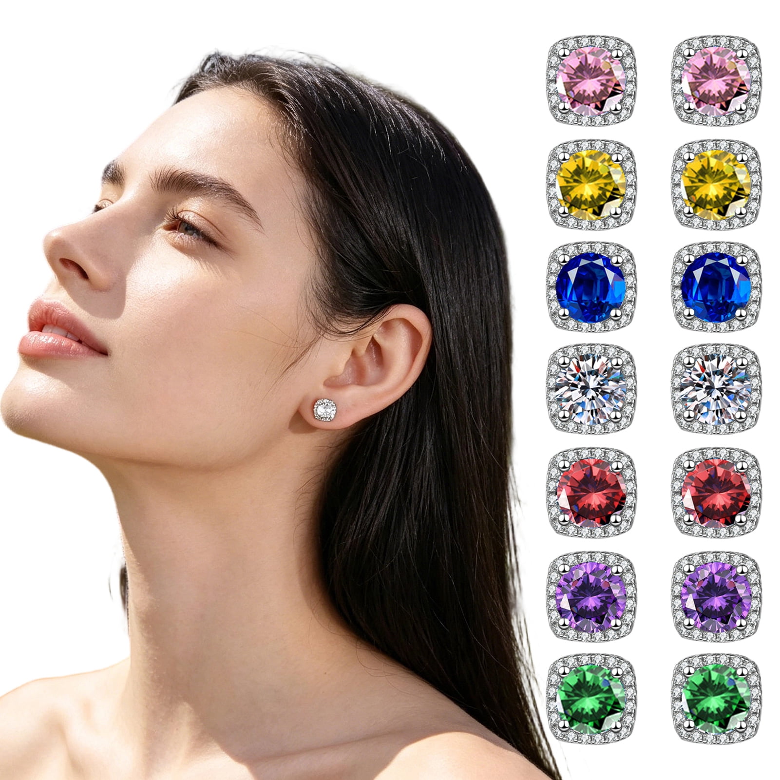 1 Pair Stud Earrings, Square Shape Cubic Zirconia Sparkling Inlaid Ear ...