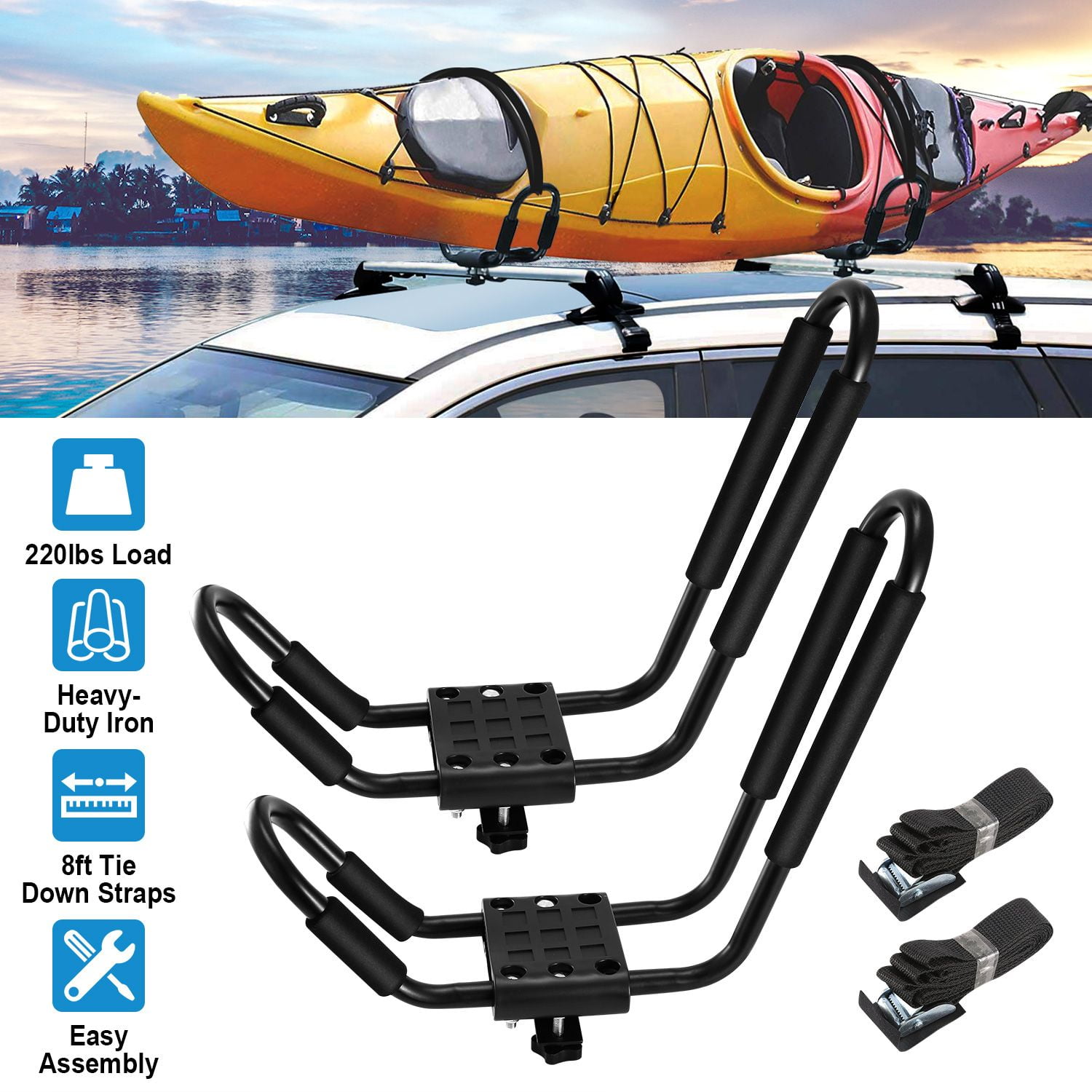 1 Pair Universal J-Bar Kayak Carrier 220LBS Load Heavy Duty Canoe Car ...