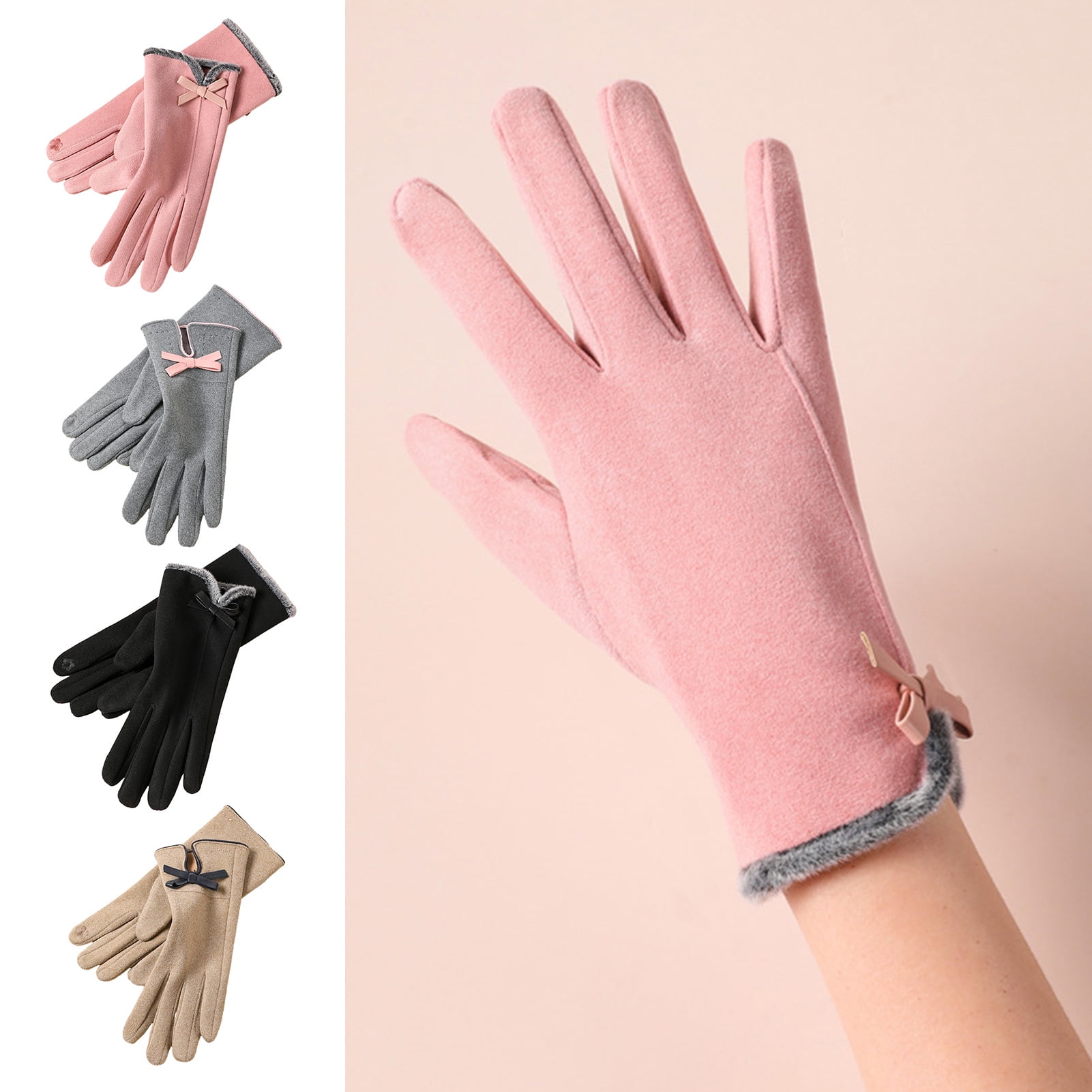 1 Pair Winter Gloves Bow Decor Windproof Cold Resistant Thick Plush ...