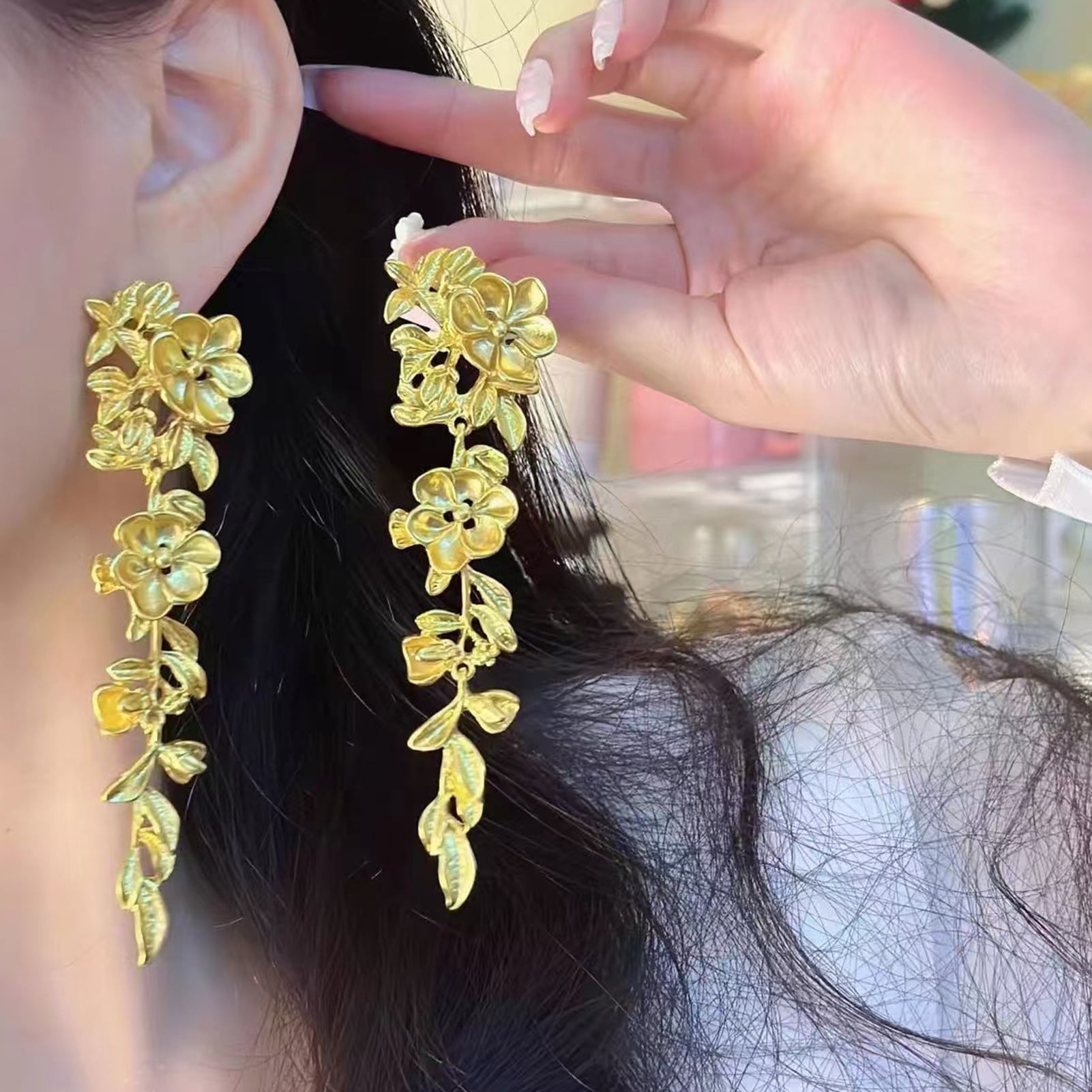 1 Pair Women Flower Tassel Hanging Earrings Long Golden Earrings for ...