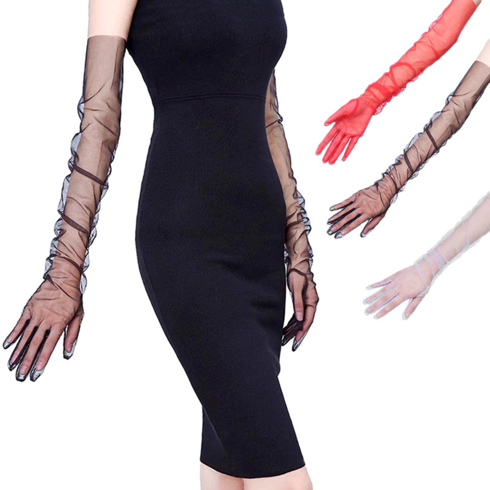 1 Pair Women Prom Arm Covers See-through Mesh Thin Pleated Five Finger ...