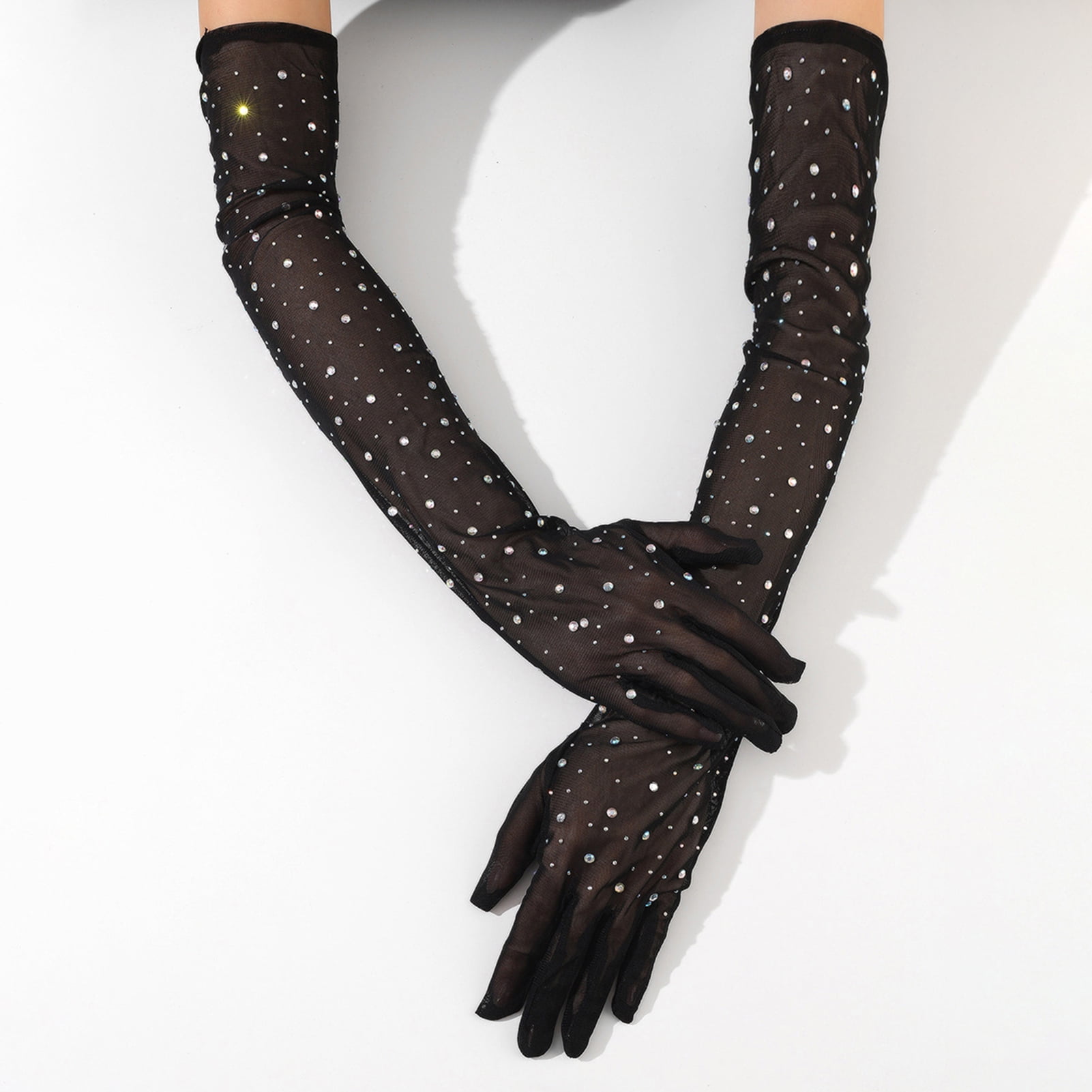 1 Pair Women Prom Arm Sleeves See-through Mesh Rhinestone Decor Ultra ...