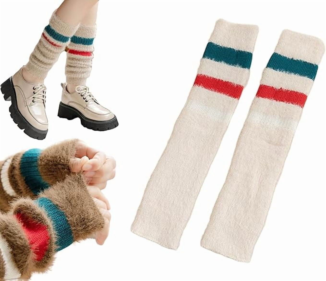 1 Pair Womens Warm Leg Warmers Cute Calf Wool Cotton Striped Oversleeve ...