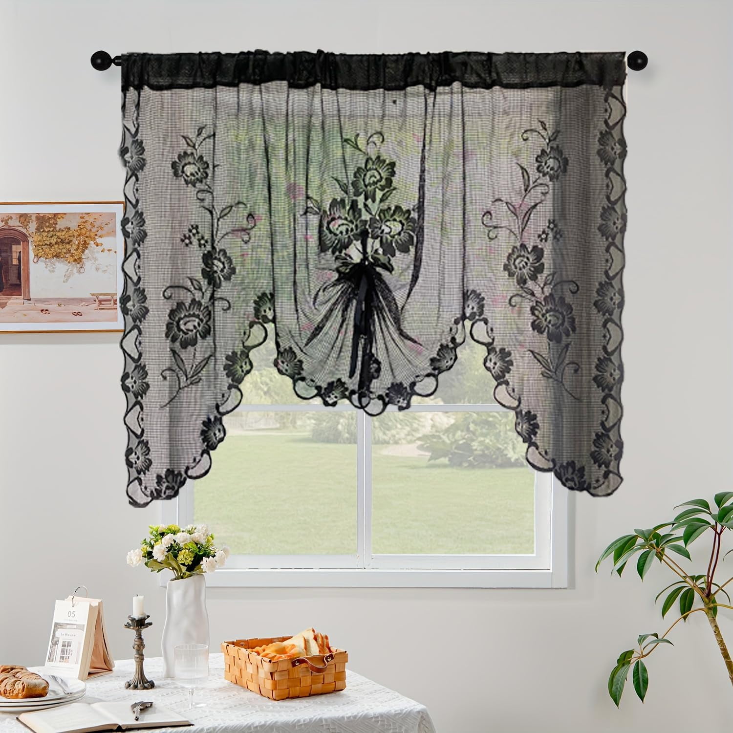1 Panel Black Floral Embroidery Sheer Lace Curtain Valance Princess ...