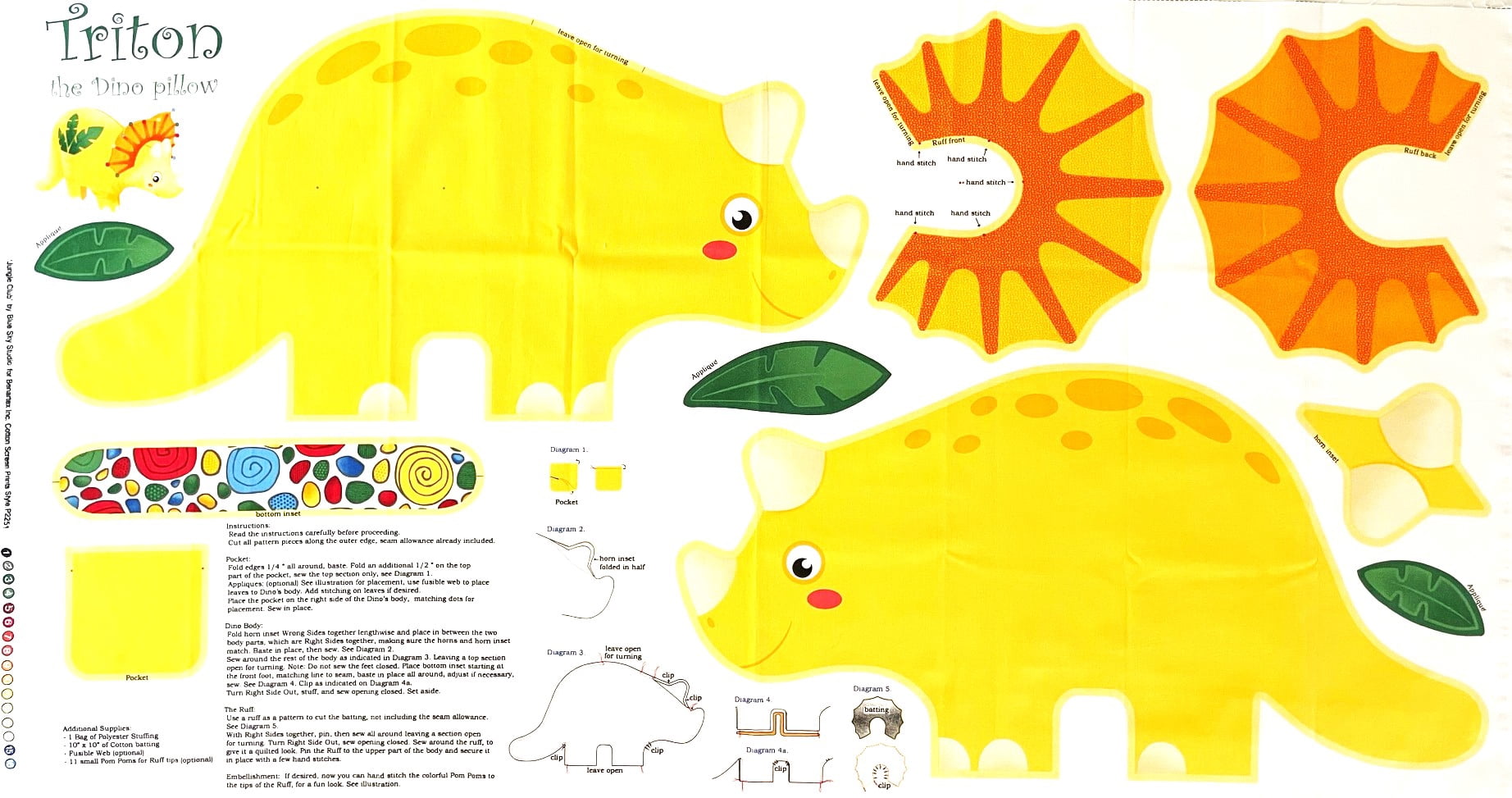 1 Panel - DIY Triton the Dinosaur Cut & Sew Pillow Cotton Fabric Panel ...