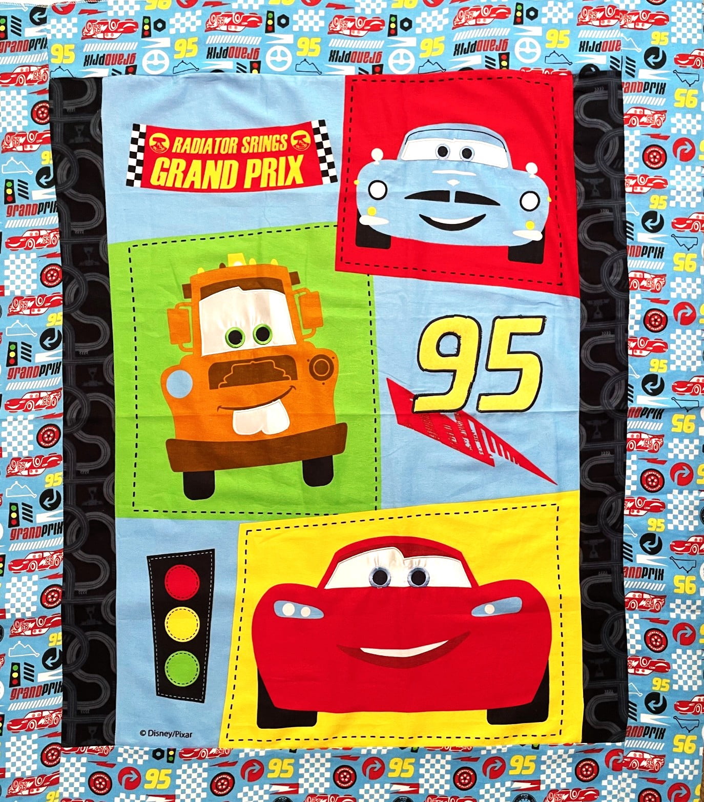 1 Panel - Disney Cars Pieced Quilt Top Flannel Fabric Panel - Lightning ...