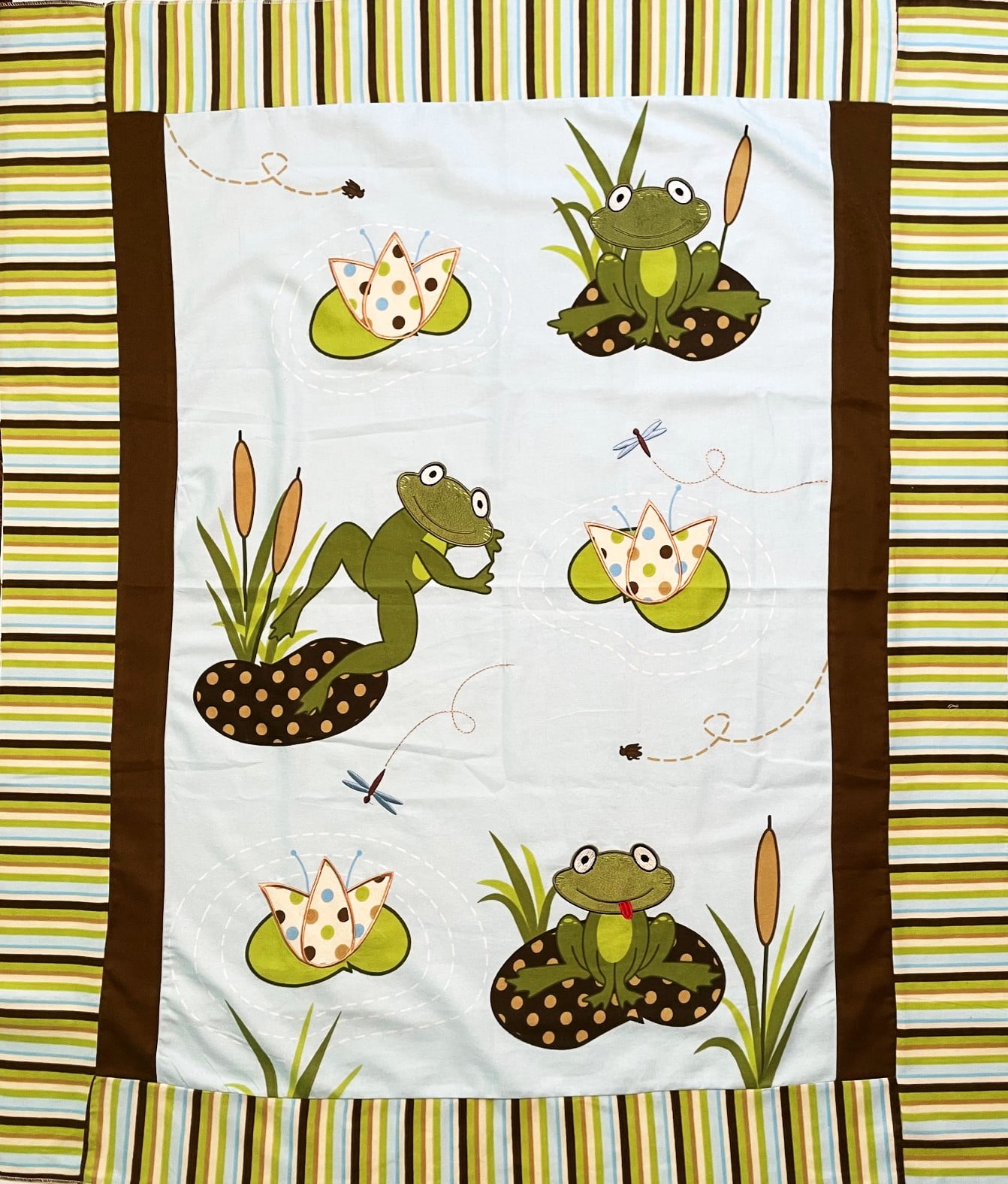 1 Panel - Frogs & Lilly Pads on Light Blue Pieced Flannel Fabric Quilt ...