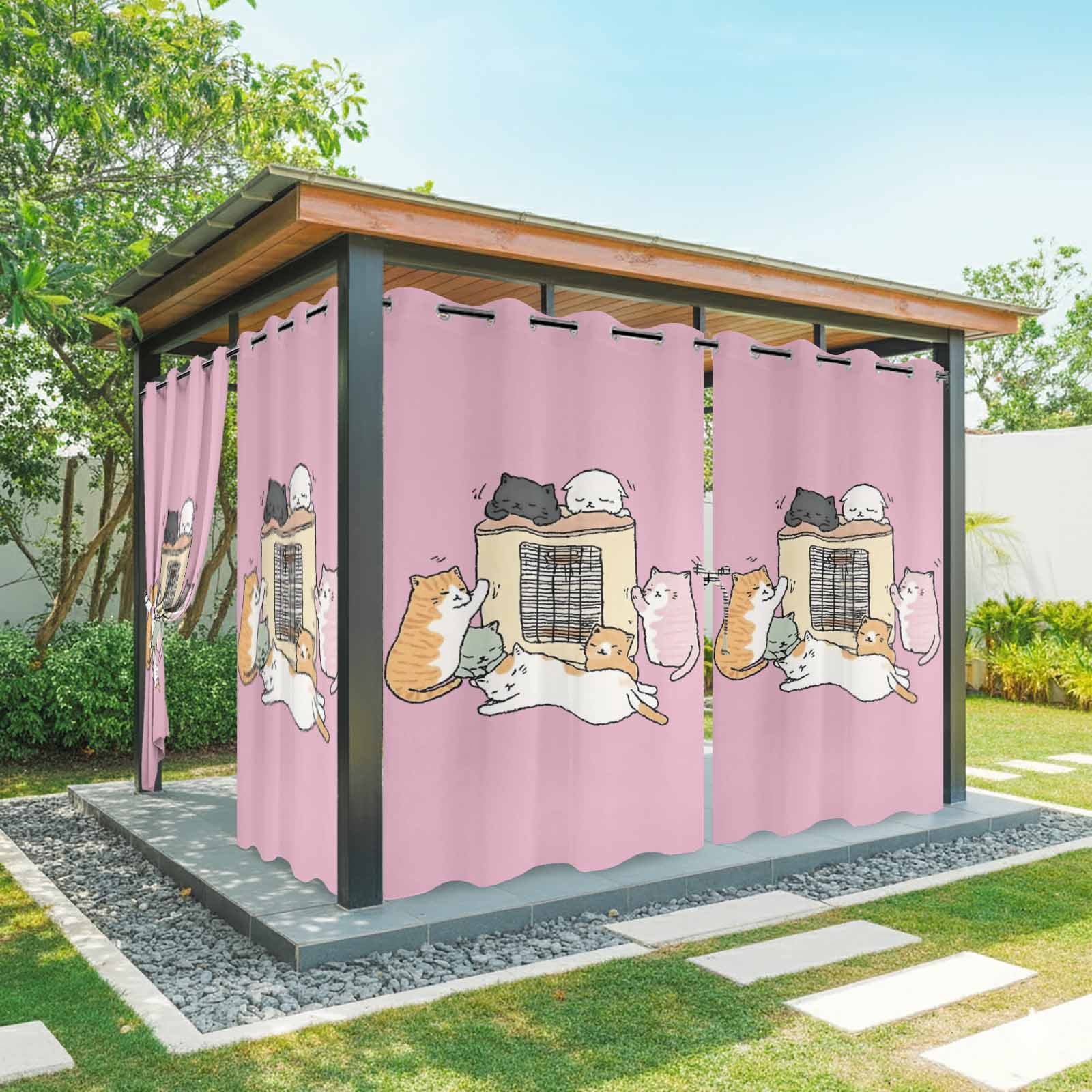 1 Panel Outdoor Curtains for Patio Waterproof 54"x108" Pink Cute Cat ...